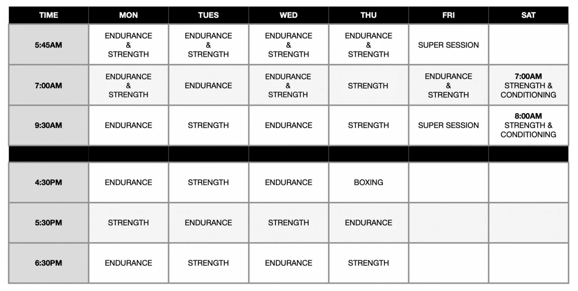 Gym & Fitness Class Schedule — Boss