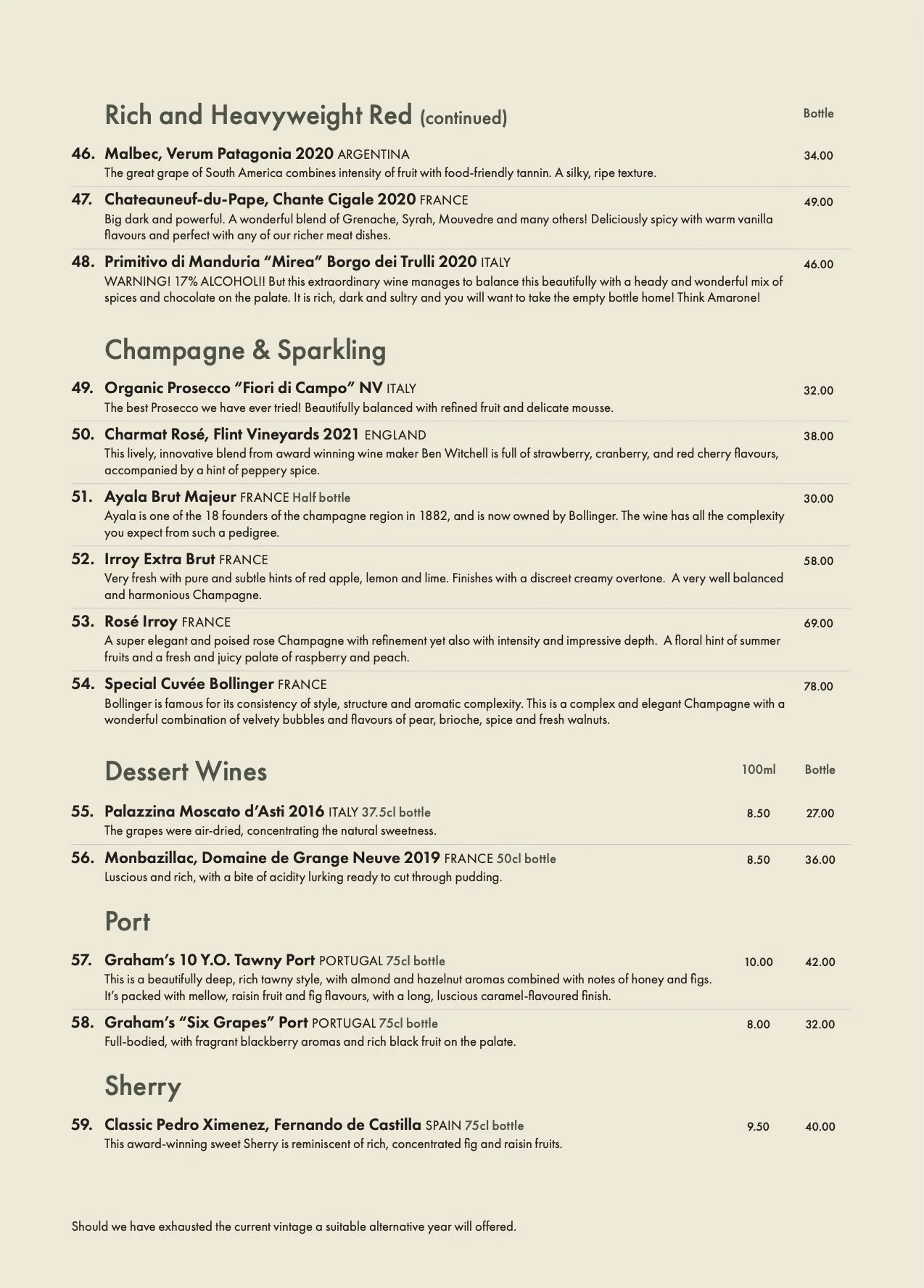 Wine List — Fox & Goose