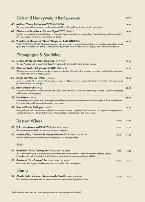 Wine List — Fox & Goose