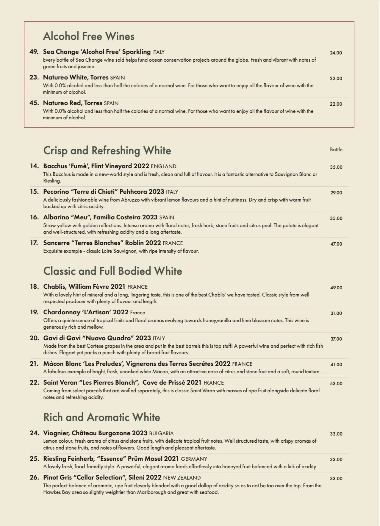 Wine List — Fox & Goose