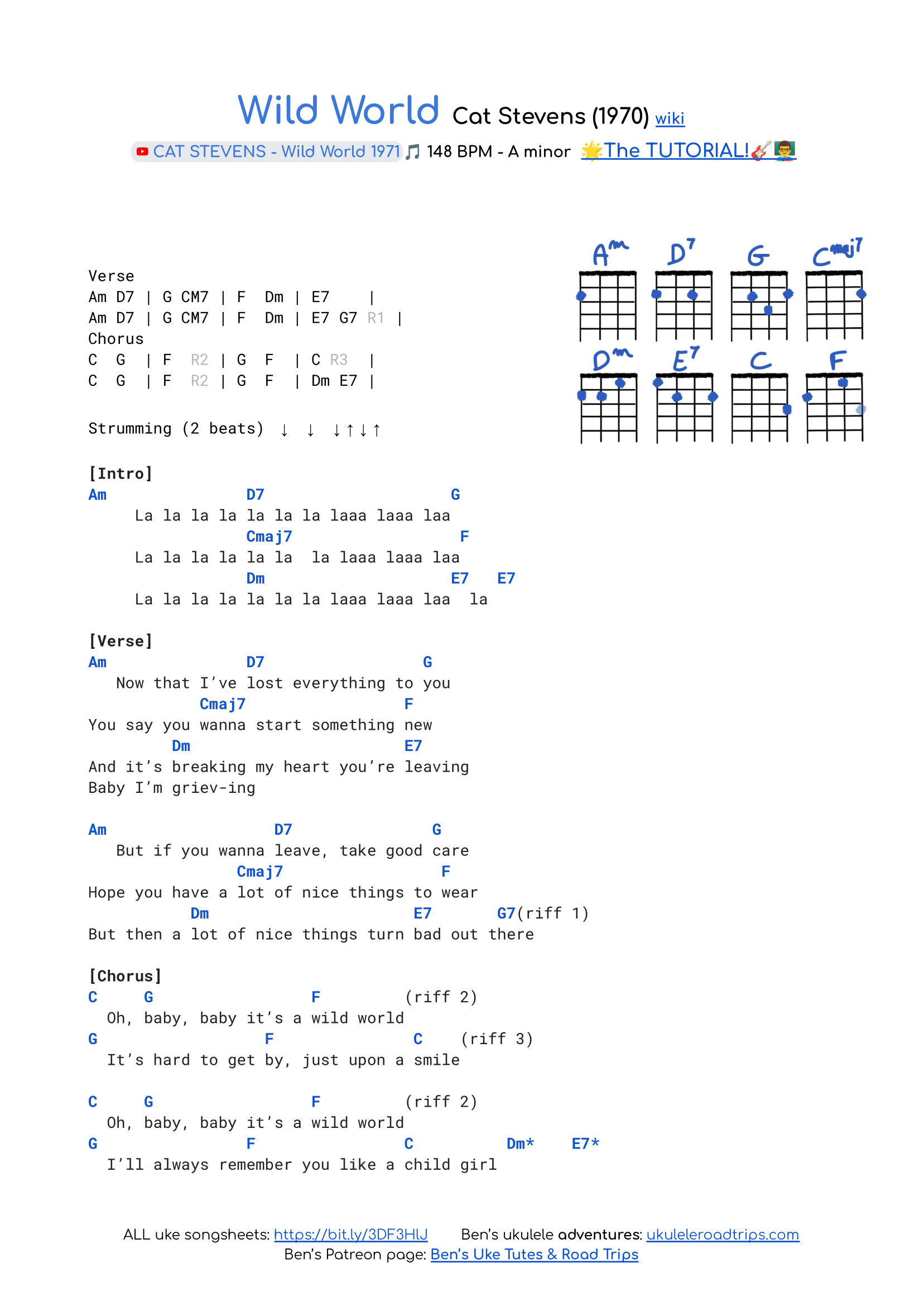 Wild World by Cat Stevens with chords, strum & tutorial — Ukulele Road ...