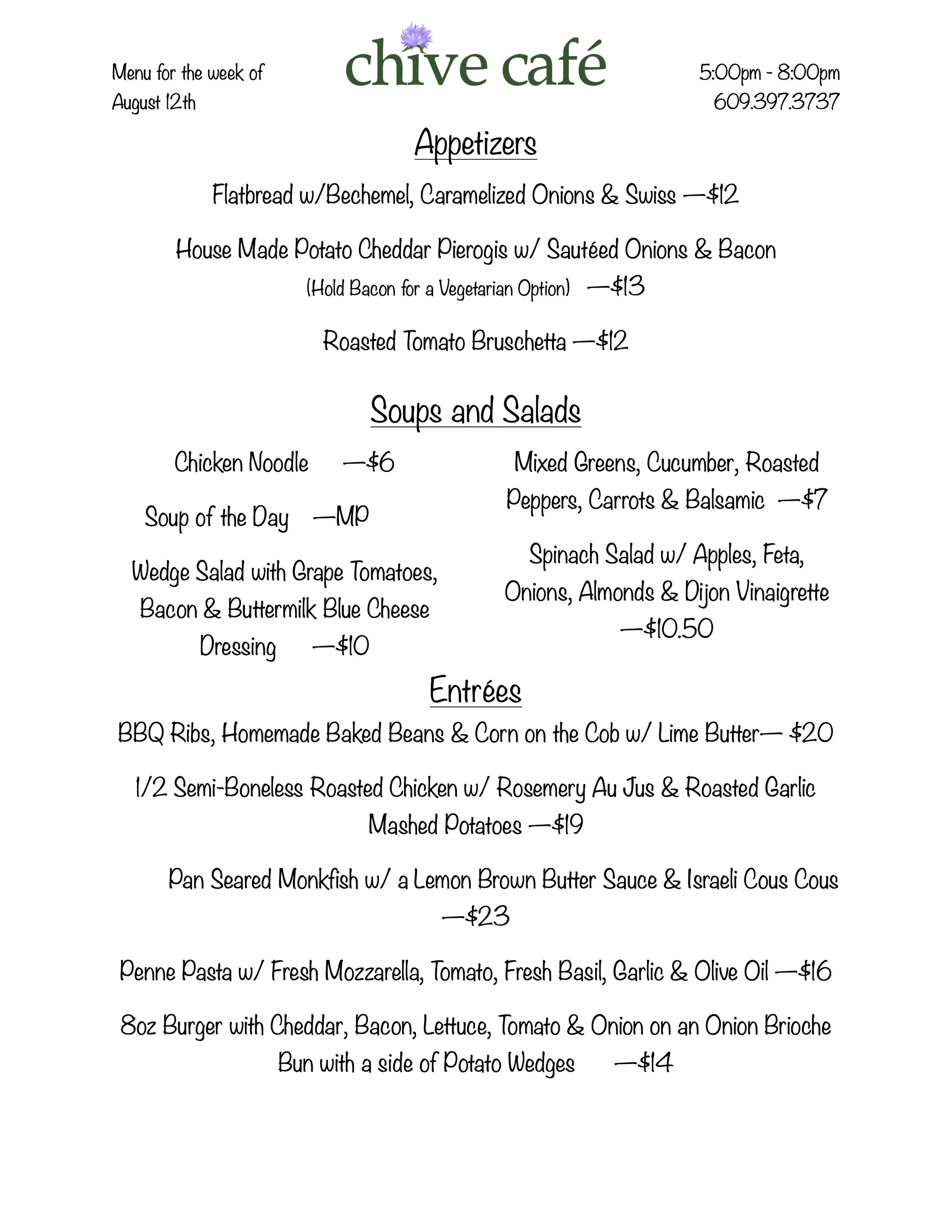 Pop Up Dinner Menu — Chive Café & Catering