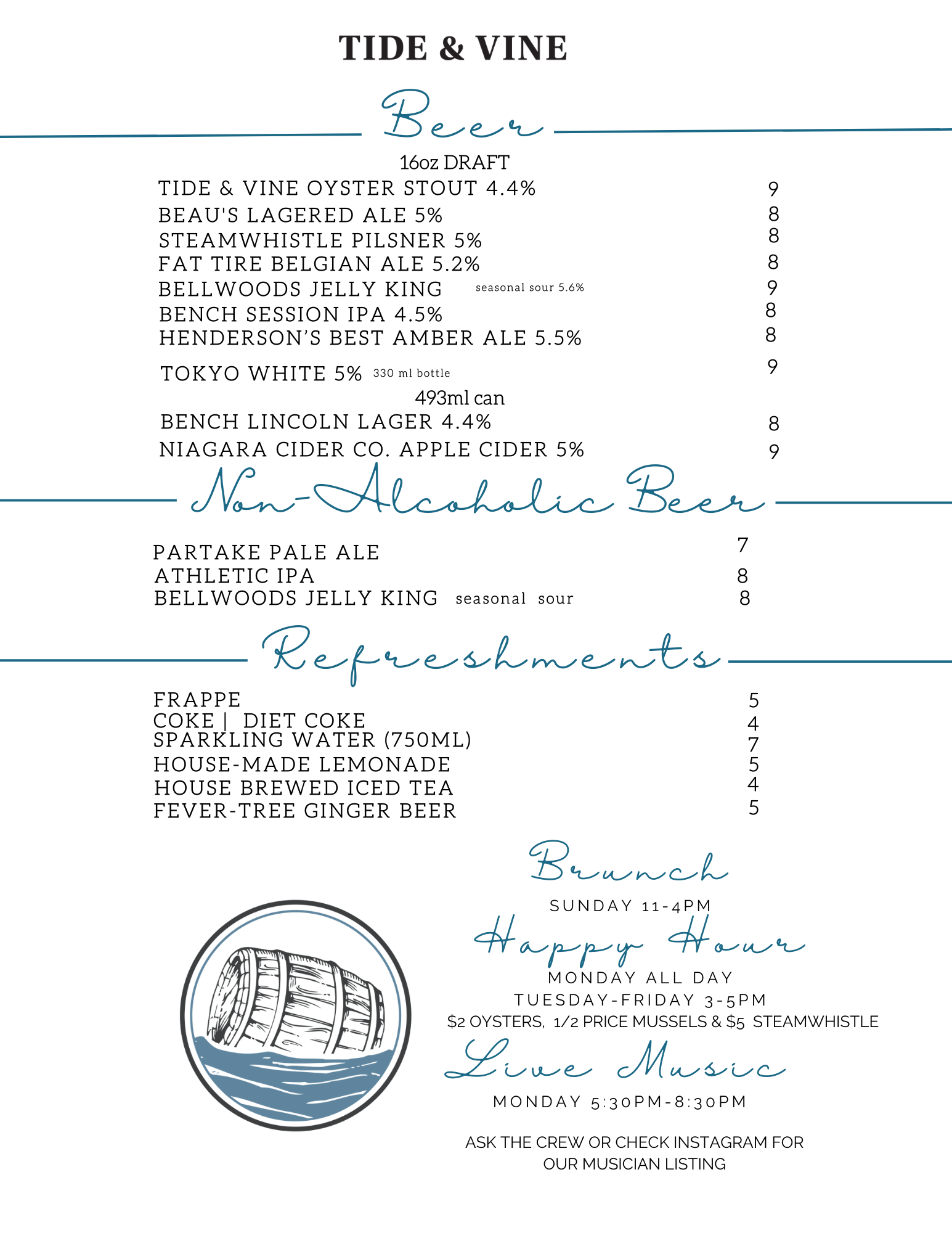 Drink Menu — Tide & Vine