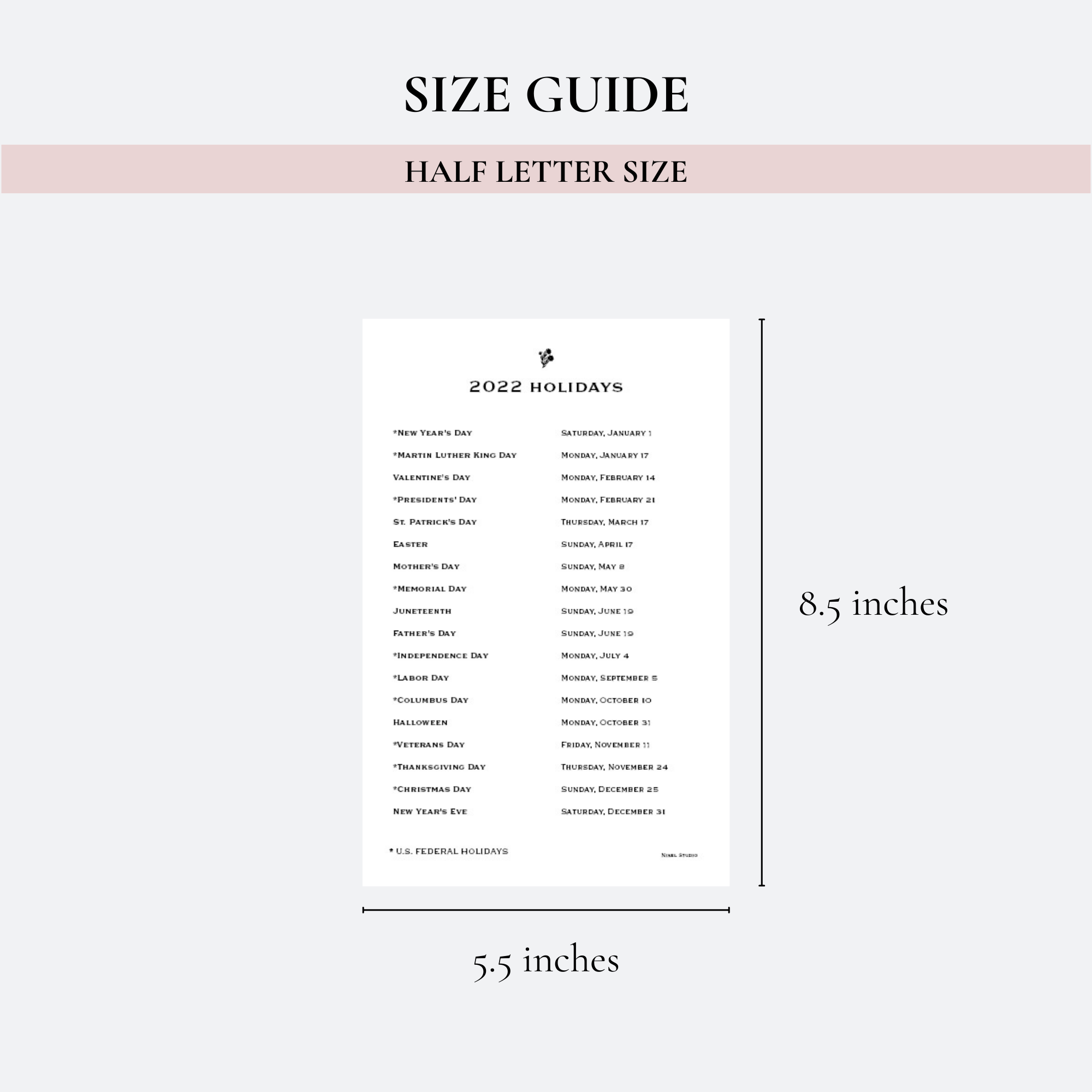 2022 Calendar and Holiday List - Half Letter — Ninel Studio