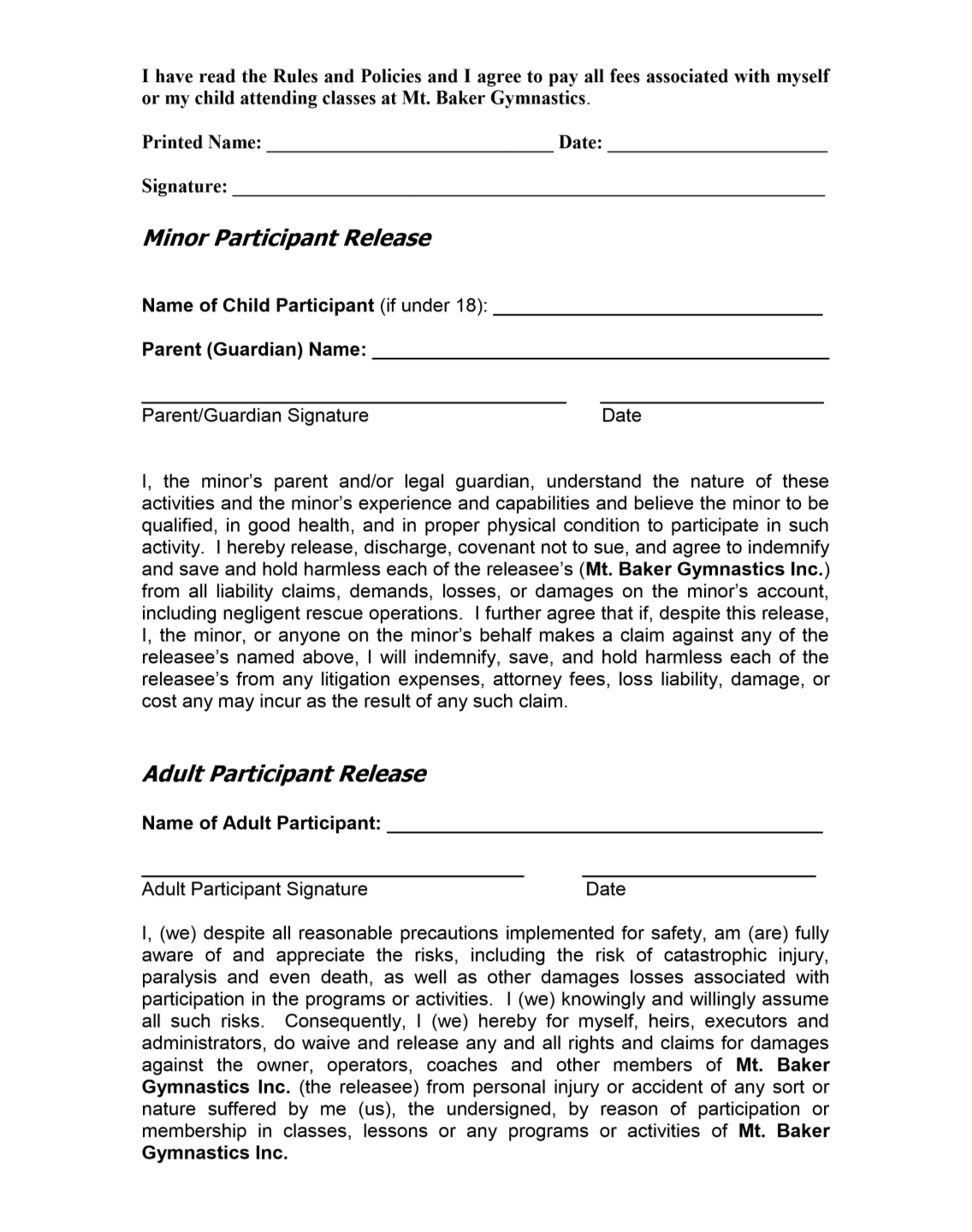 Gymnastics Waiver Burlington — Mt. Baker Gymnastics