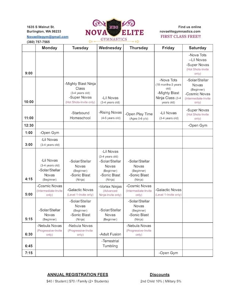 Schedule | Gymnastics in Burlington — Nova Elite Gymnastics