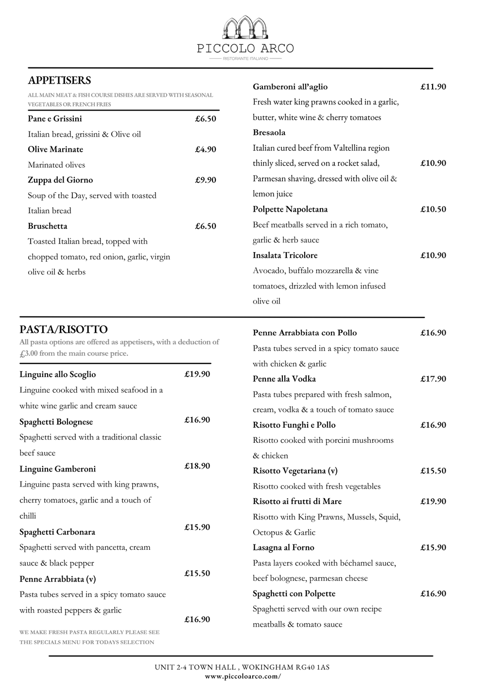 Menu — Piccolo Arco