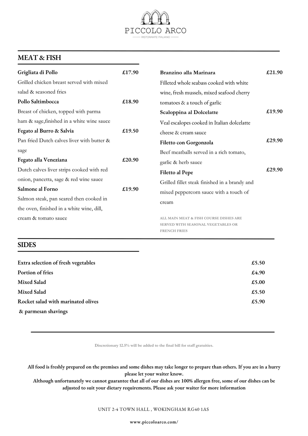 Menu — Piccolo Arco