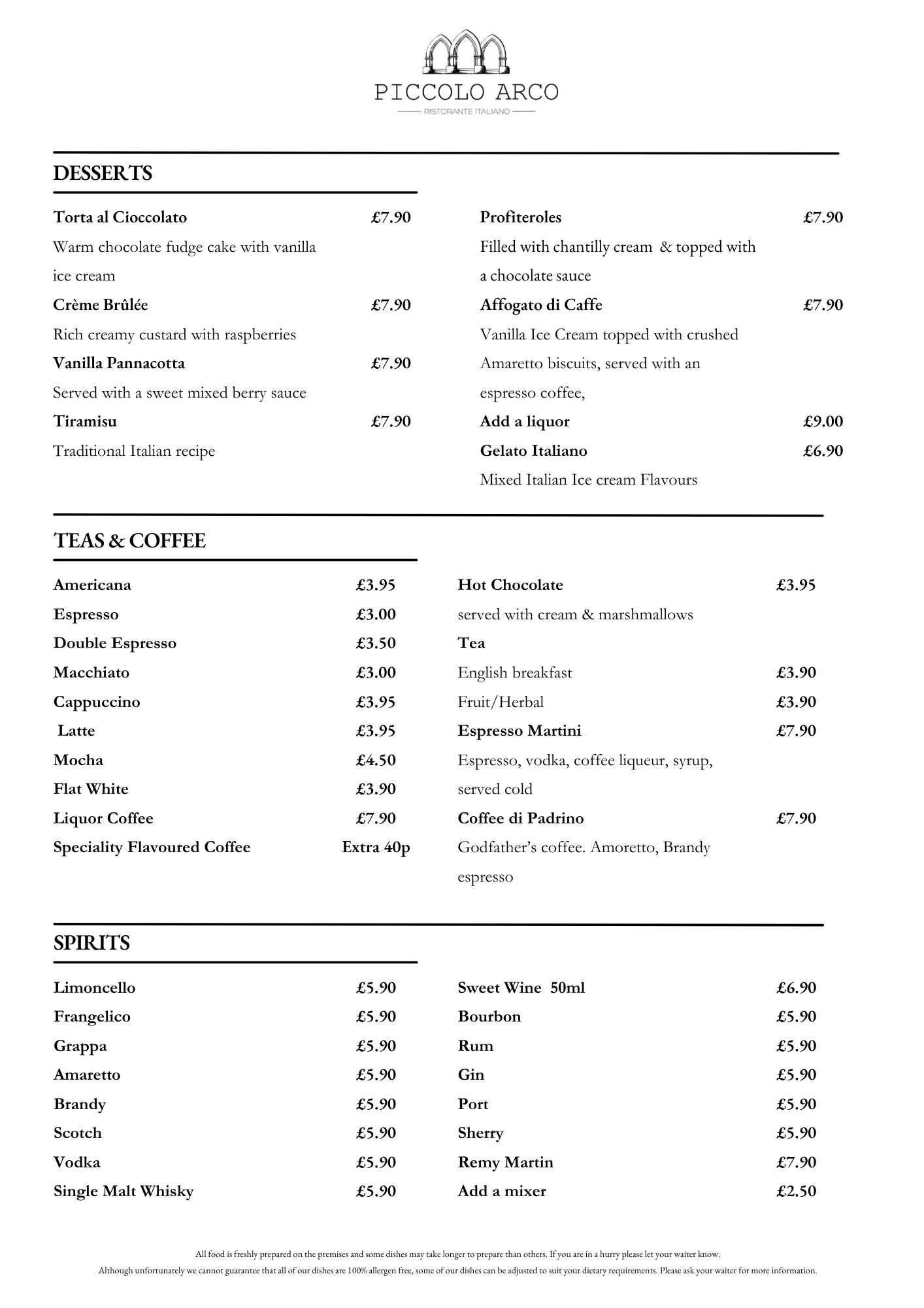 Menu — Piccolo Arco