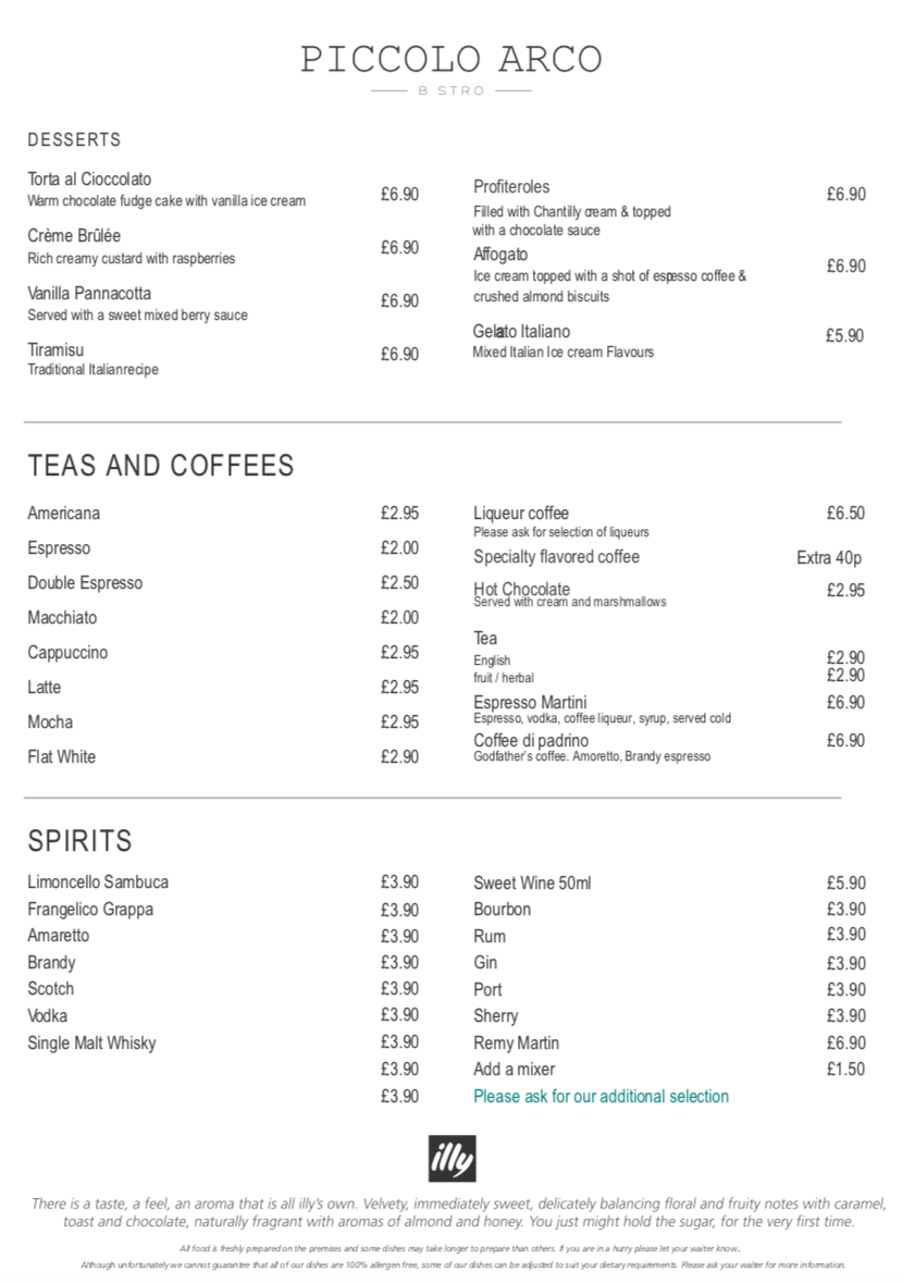 Menu — Piccolo Arco