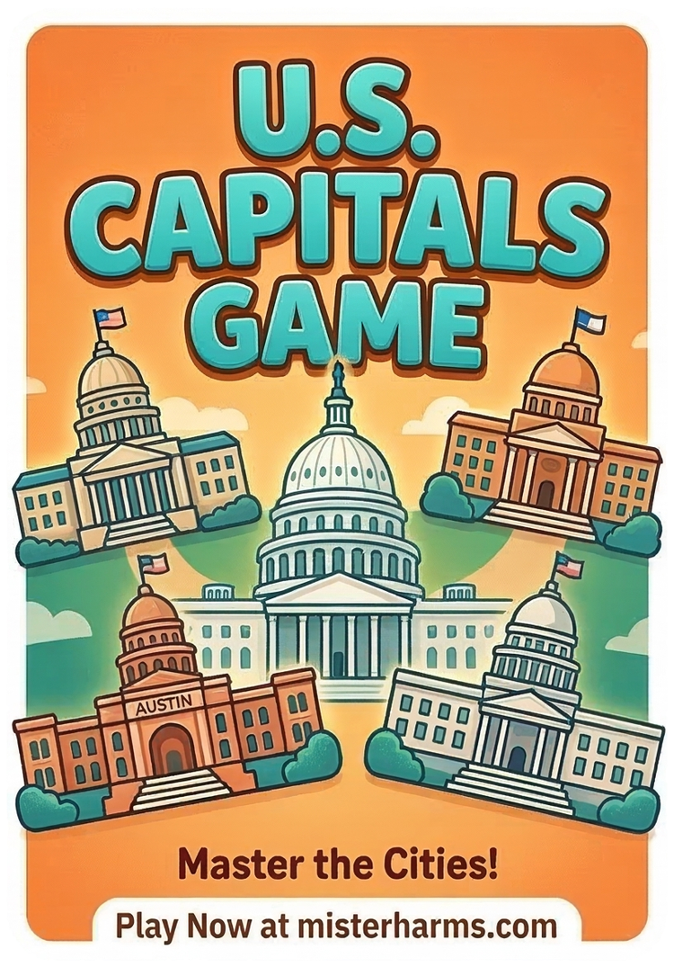50 US Capitals Game | Interactive Ad-Free Map Challenge