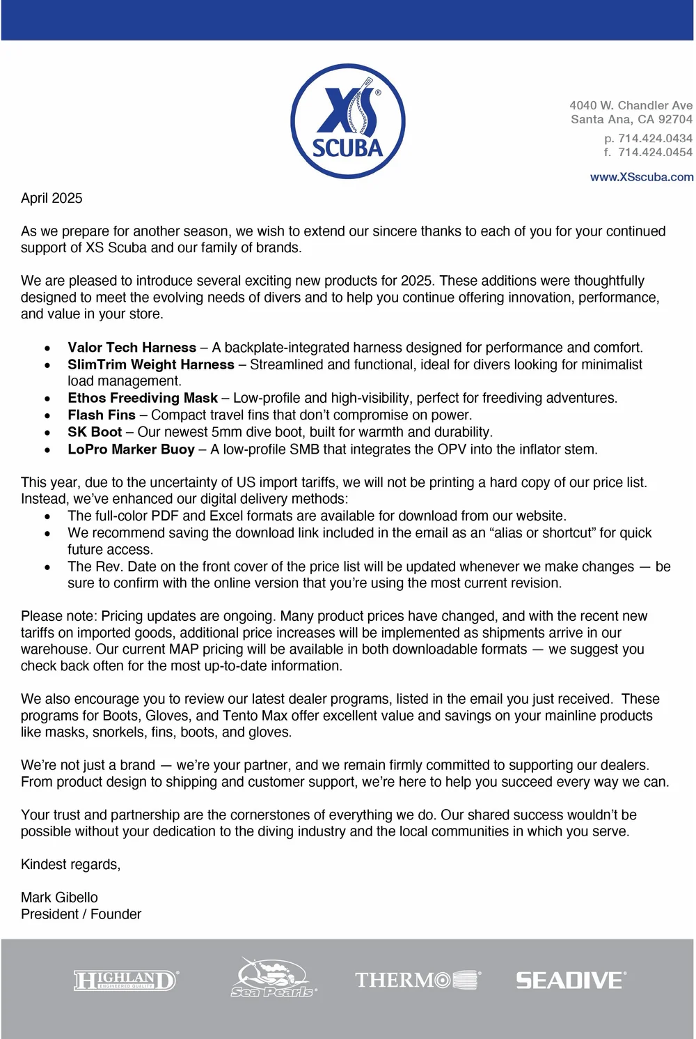 2025 Letter to Dealers — XS Scuba - Everything For The Perfect Dive
