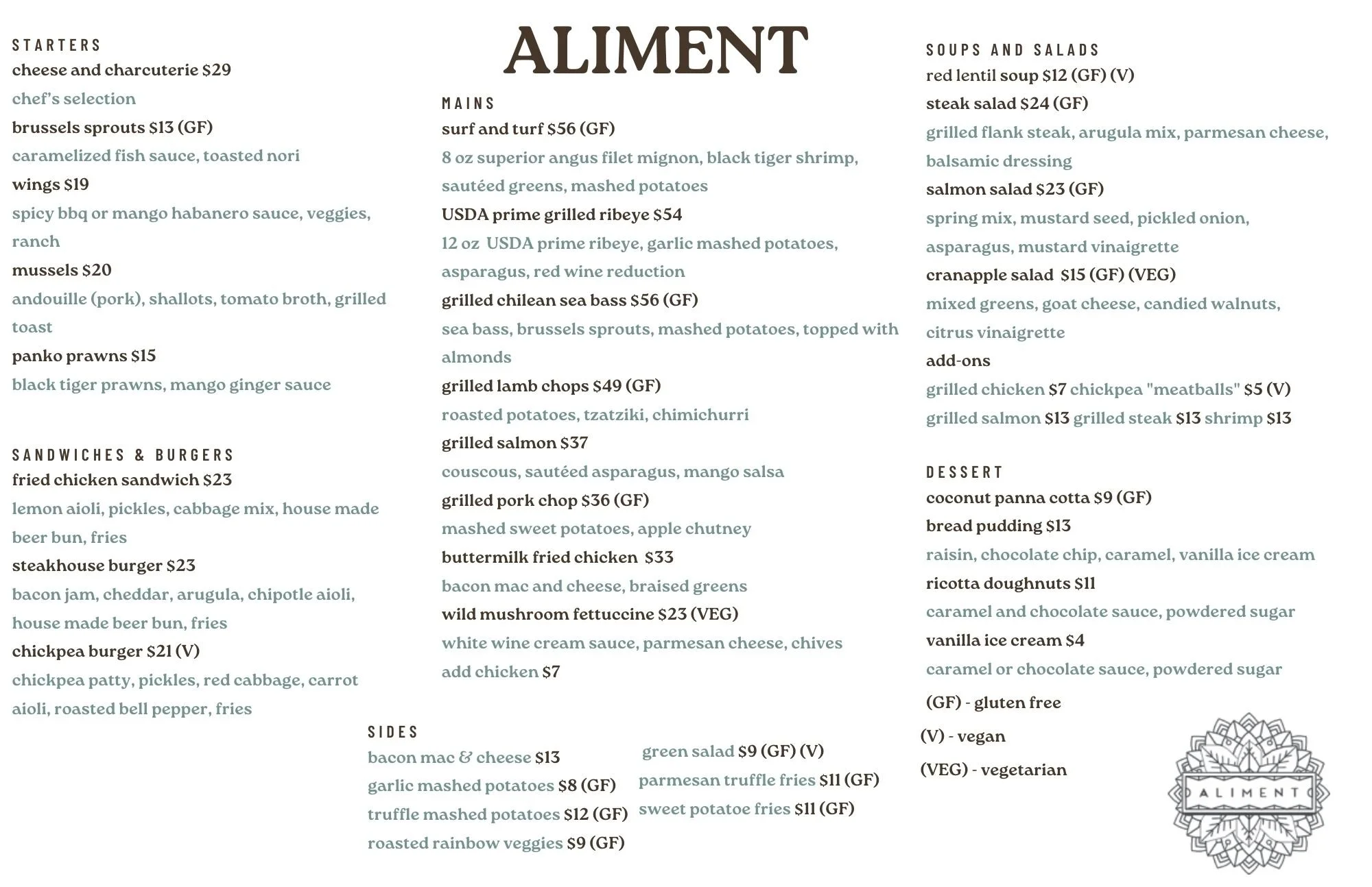 MAIN MENU — Aliment
