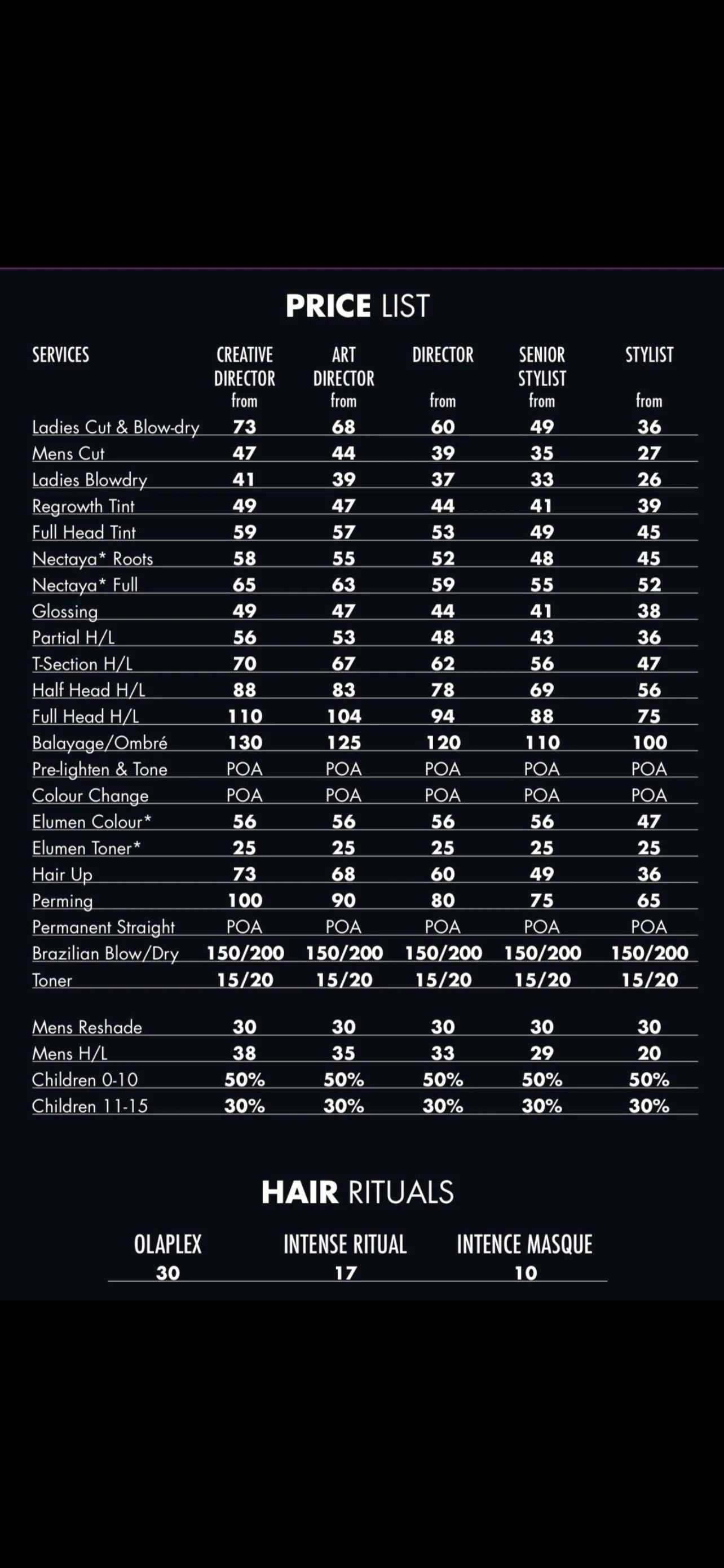 Price List — JimmyChoi's Hair Salon Cheam