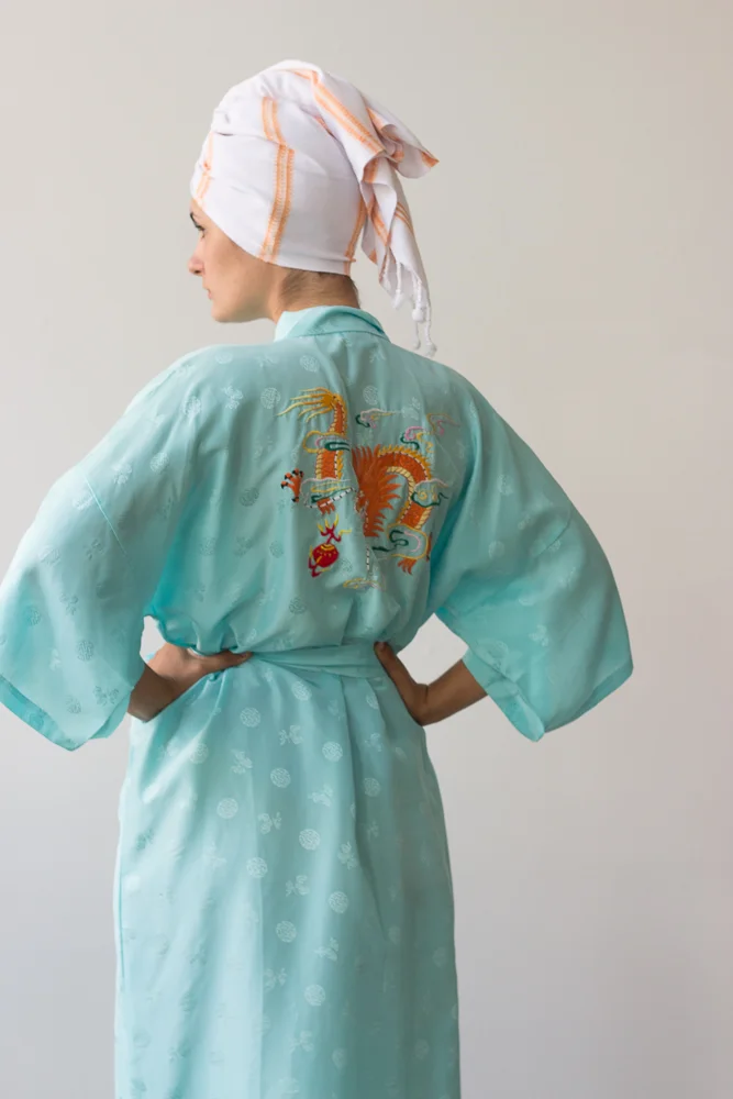 1960s Turquoise Dragon Silk Robe — Wayward Collection