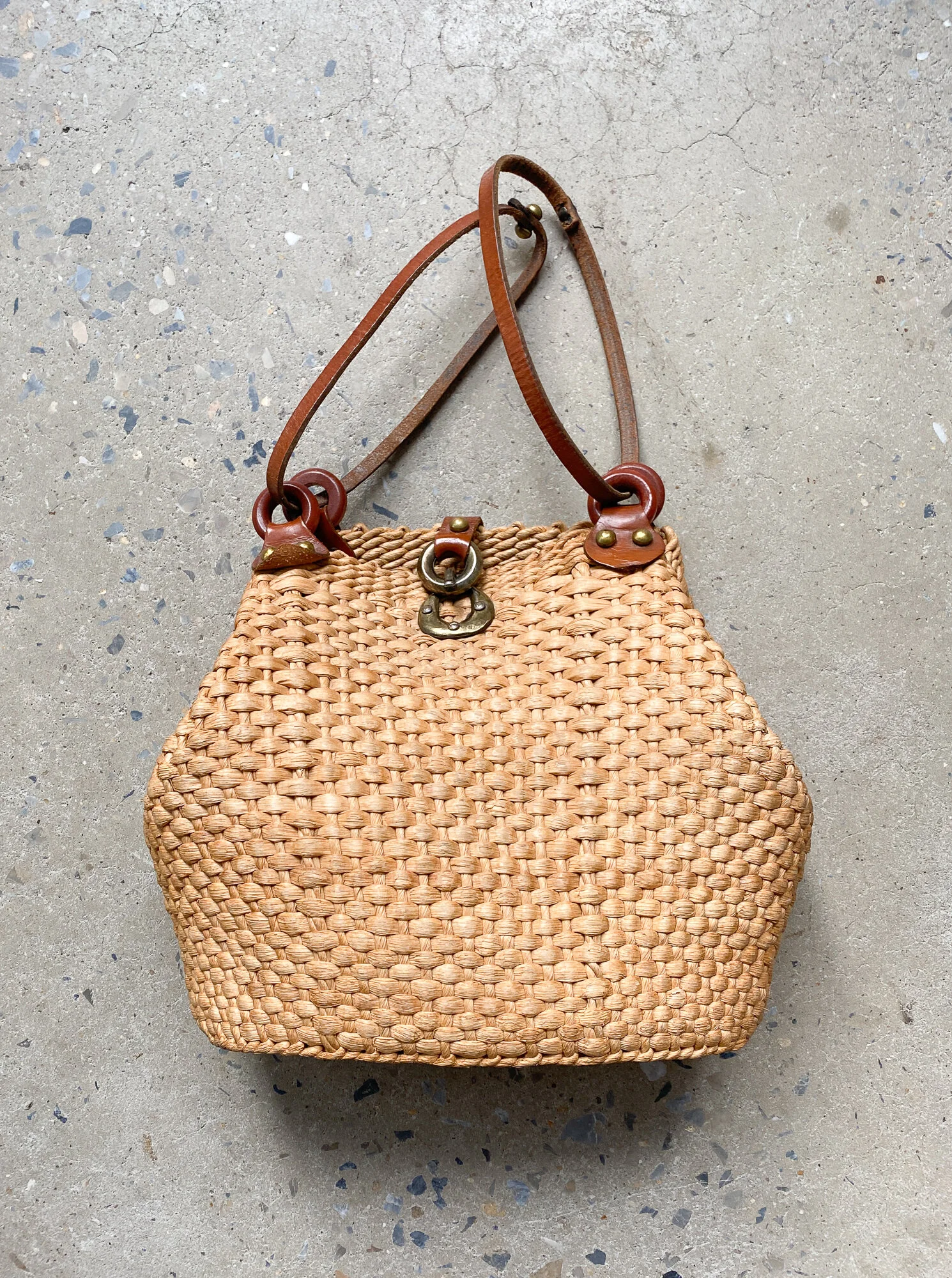 1950s Large Straw Bag with Leather Trim — Wayward Collection