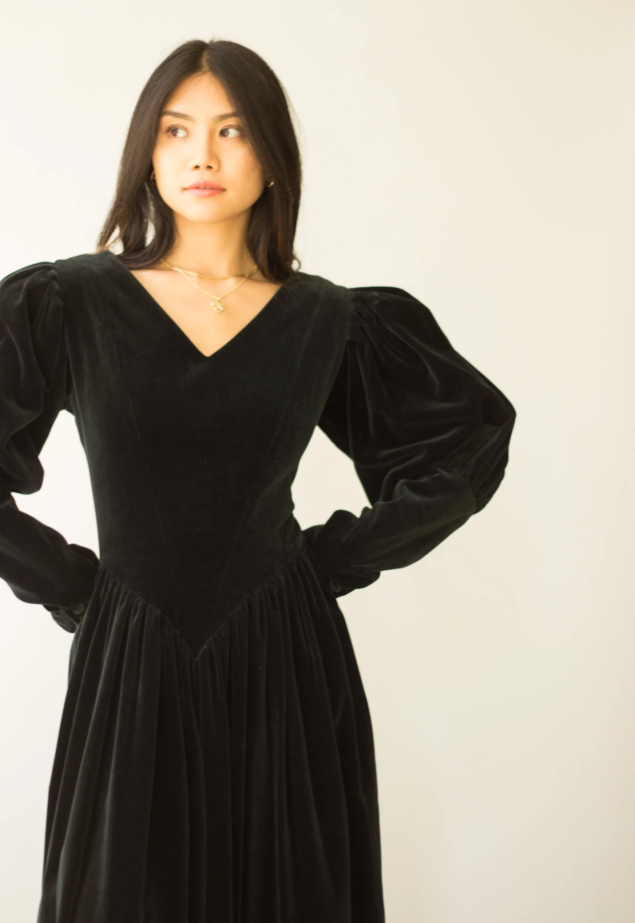 1980s Extra Puff Sleeve Black Velvet Basque Gown — Wayward Collection