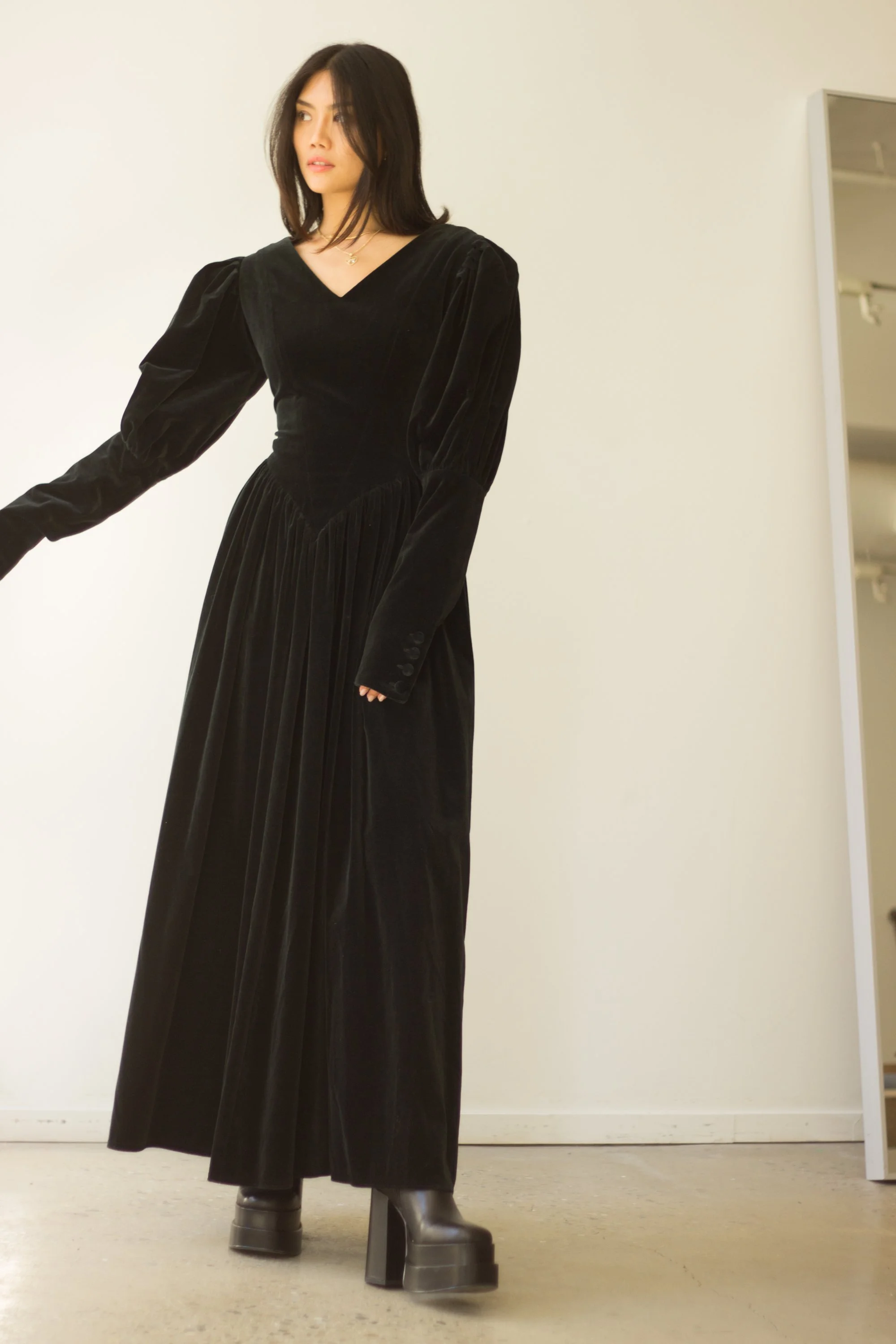 1980s Extra Puff Sleeve Black Velvet Basque Gown — Wayward Collection