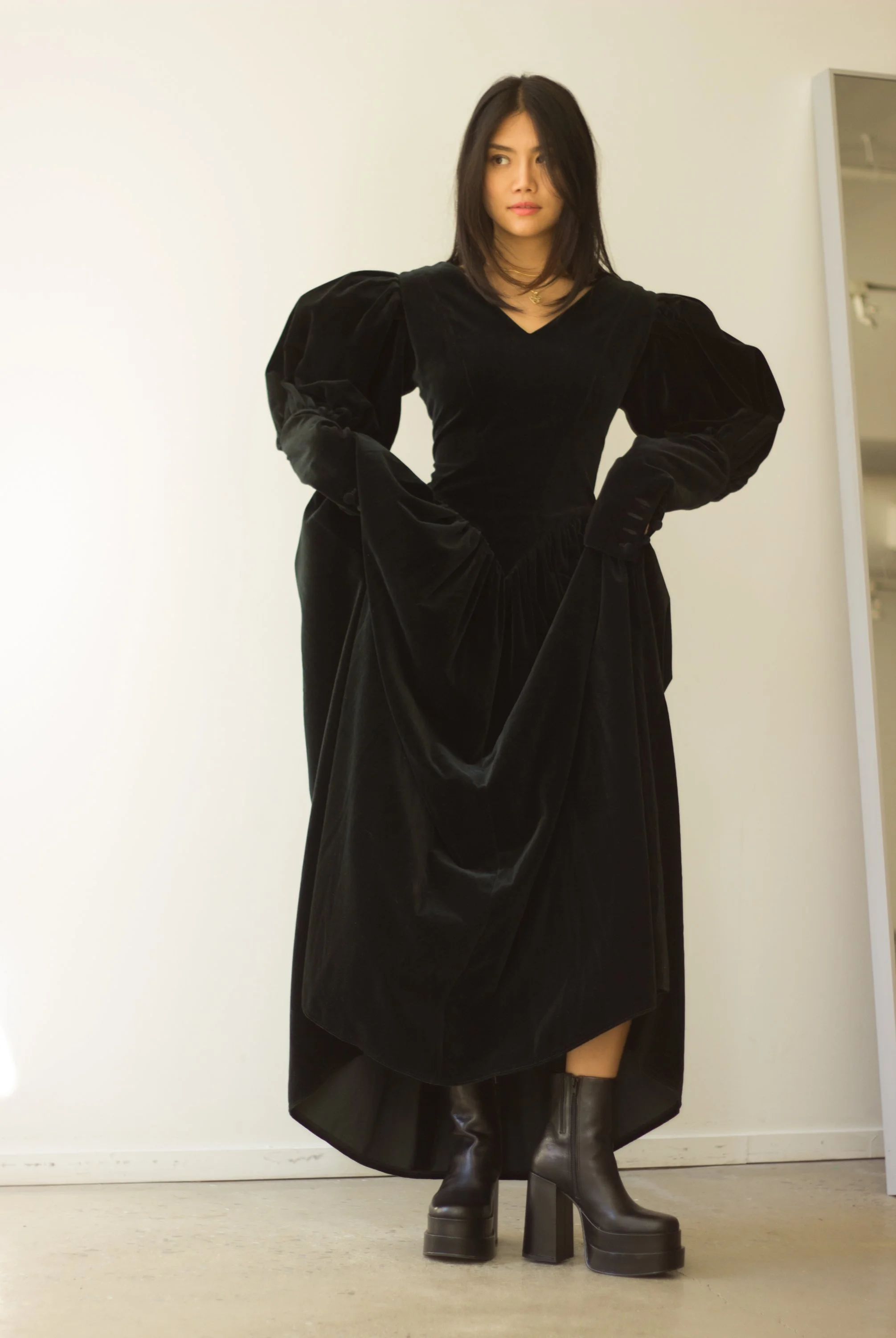 1980s Extra Puff Sleeve Black Velvet Basque Gown — Wayward Collection