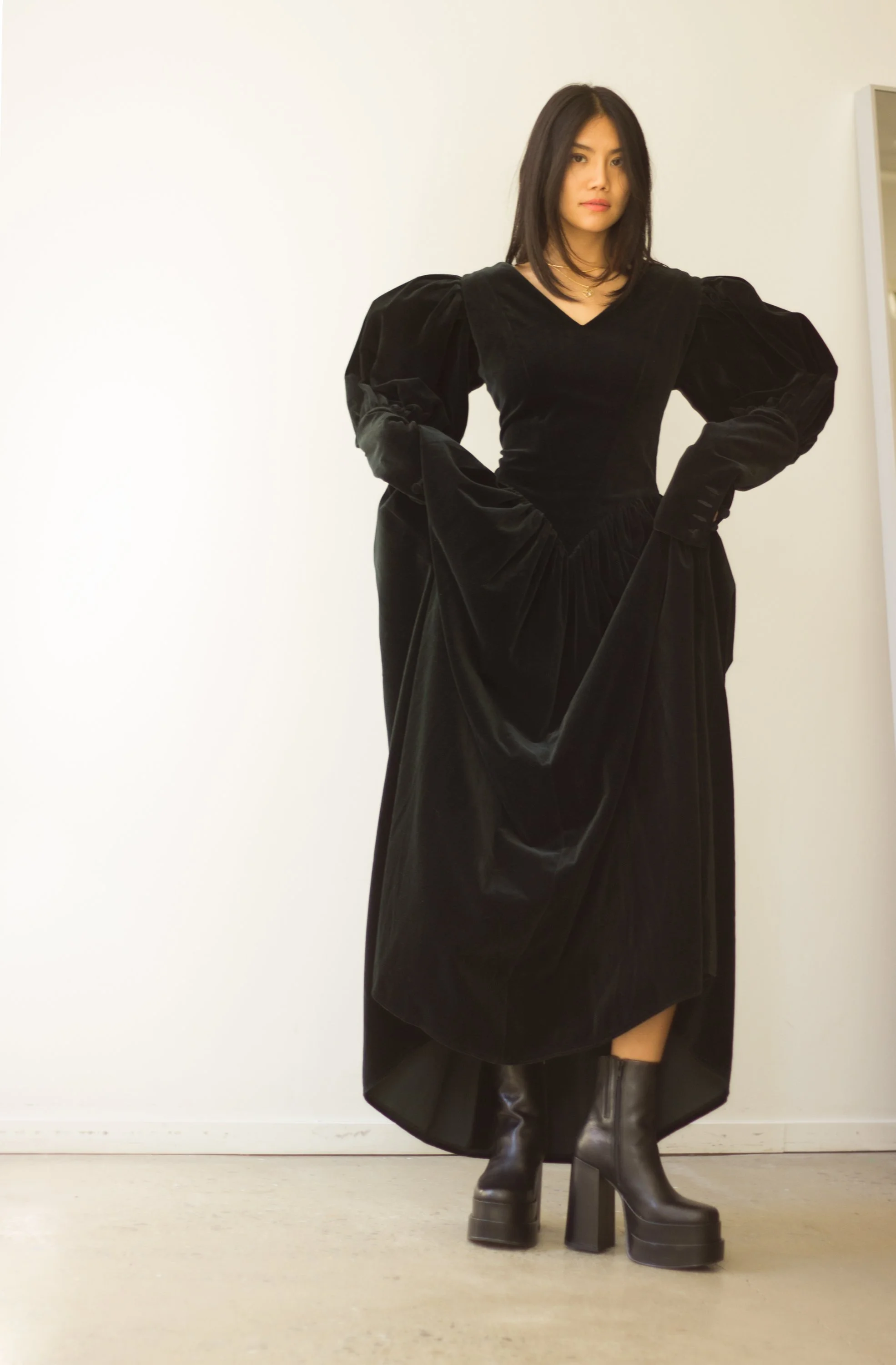 1980s Extra Puff Sleeve Black Velvet Basque Gown — Wayward Collection