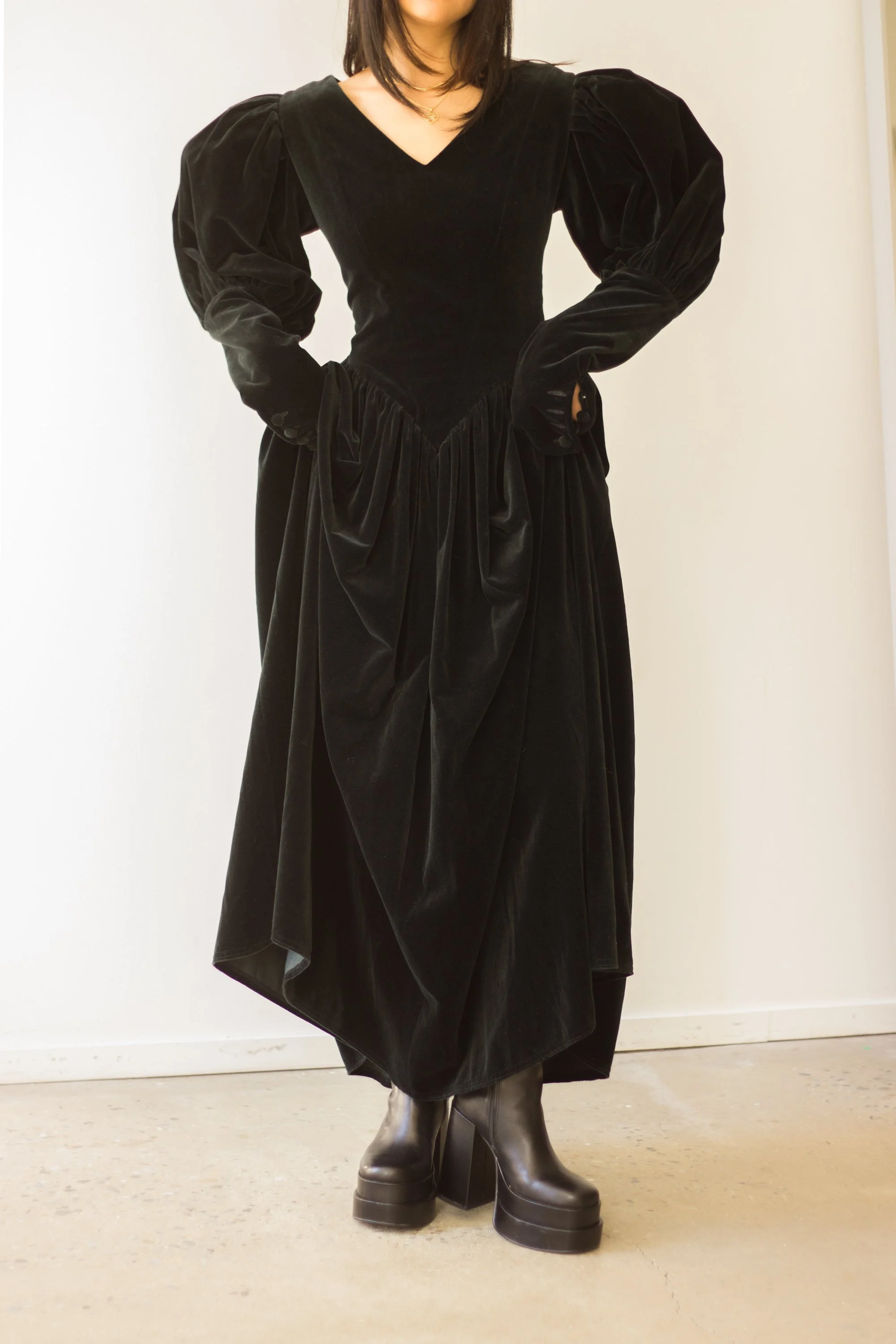 1980s Extra Puff Sleeve Black Velvet Basque Gown — Wayward Collection