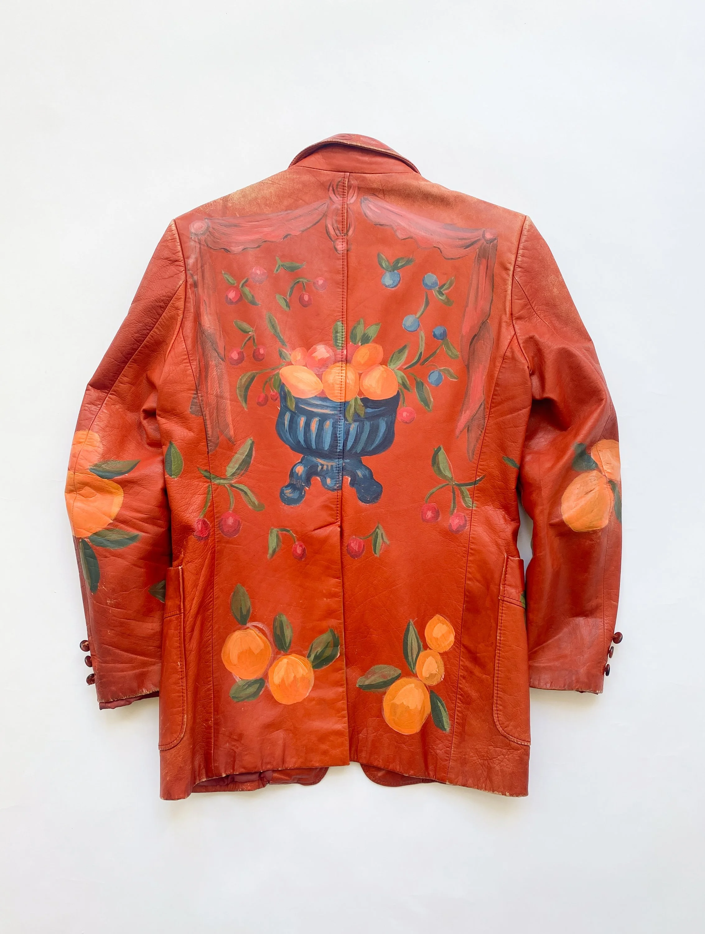 Hand-Painted Fruit Tapestry Motif 1970s Leather Jacket — Wayward Collection
