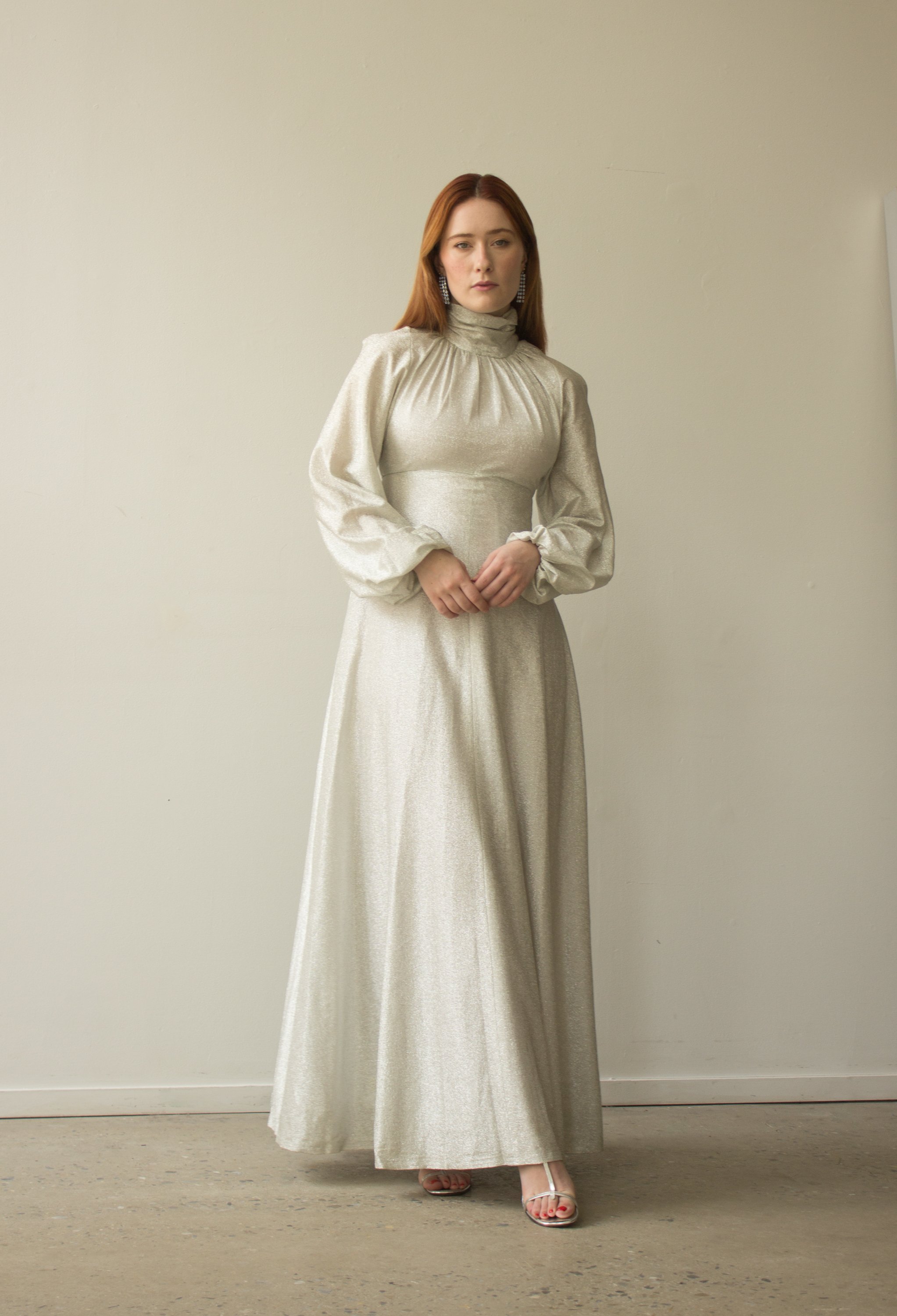 1970s Bright Silver Bishop Sleeve High Collar Gown — Wayward Collection