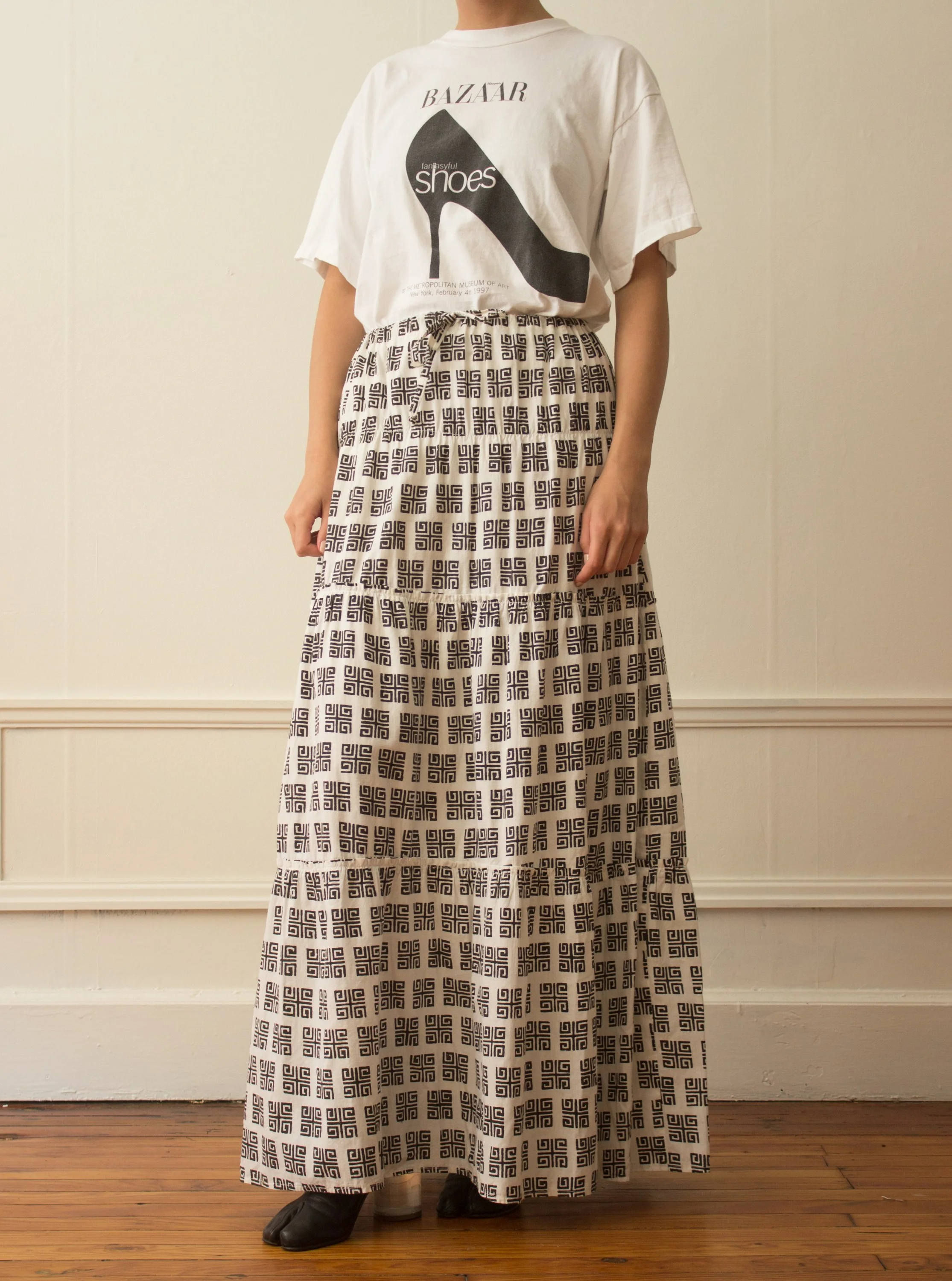 1970s Black and White Cotton Greek Key Maxi Skirt — Wayward Collection