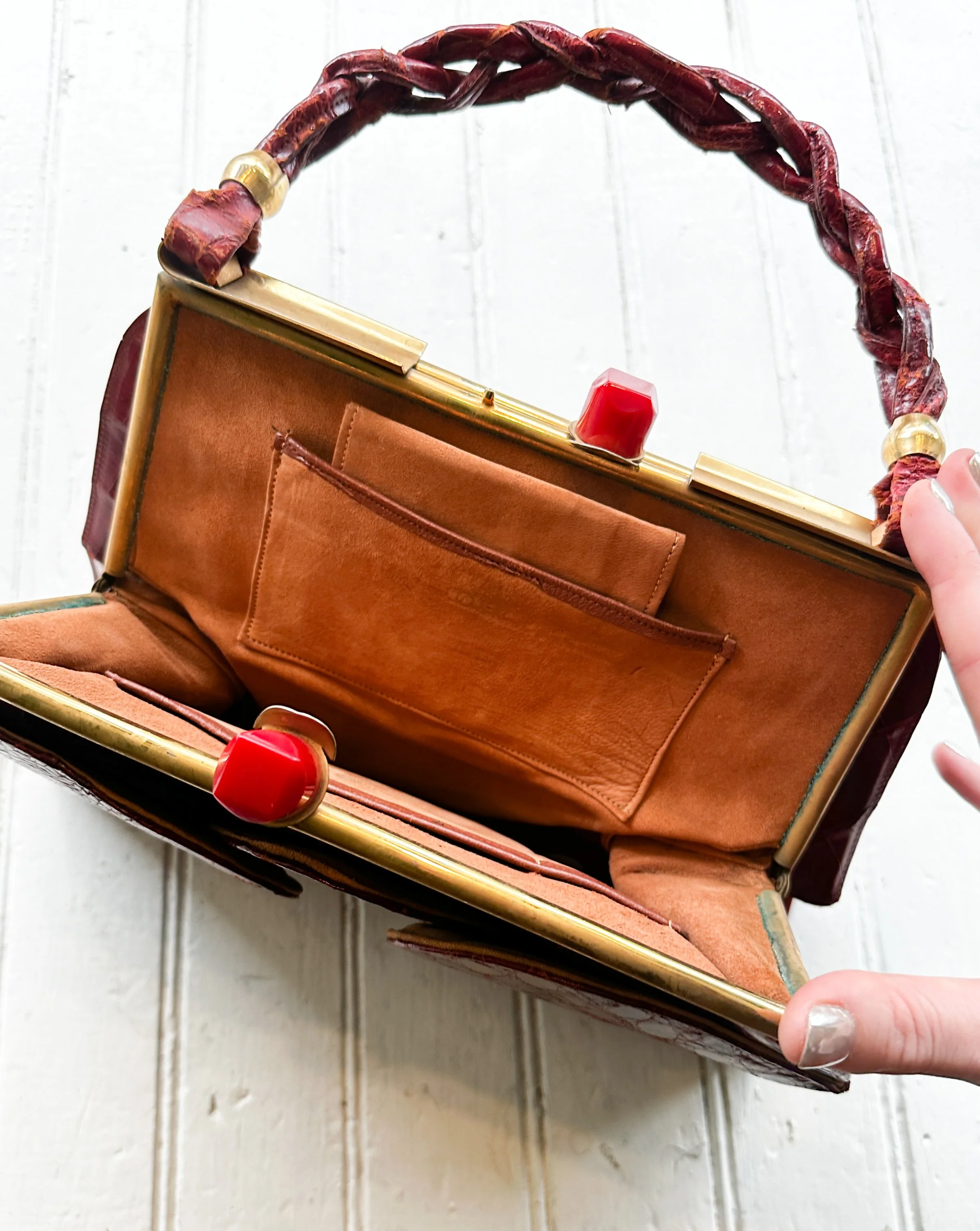 1940s Red Crocodile Handbag with Bakelite Closure — Wayward Collection