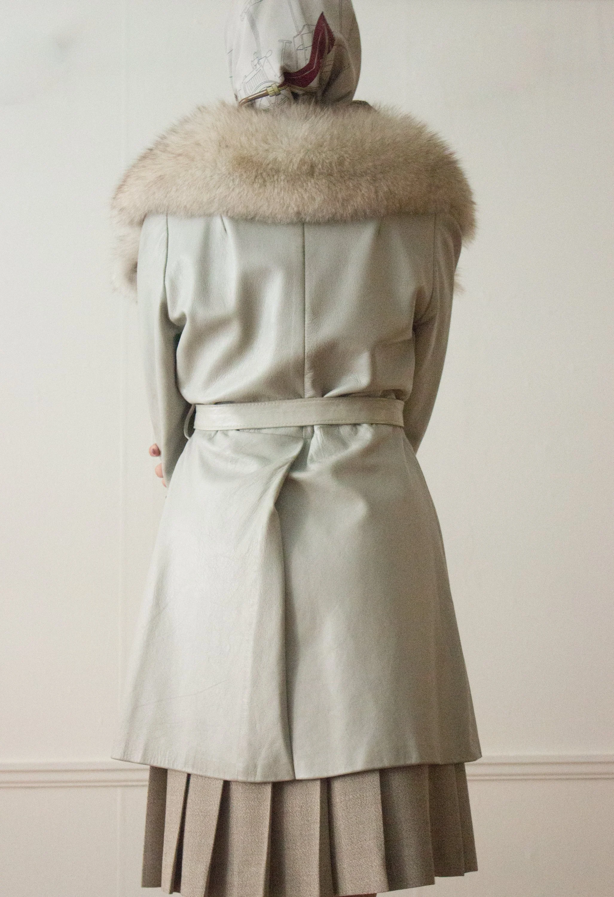 1970s Dove Gray Leather Trench with Fur Collar — Wayward Collection