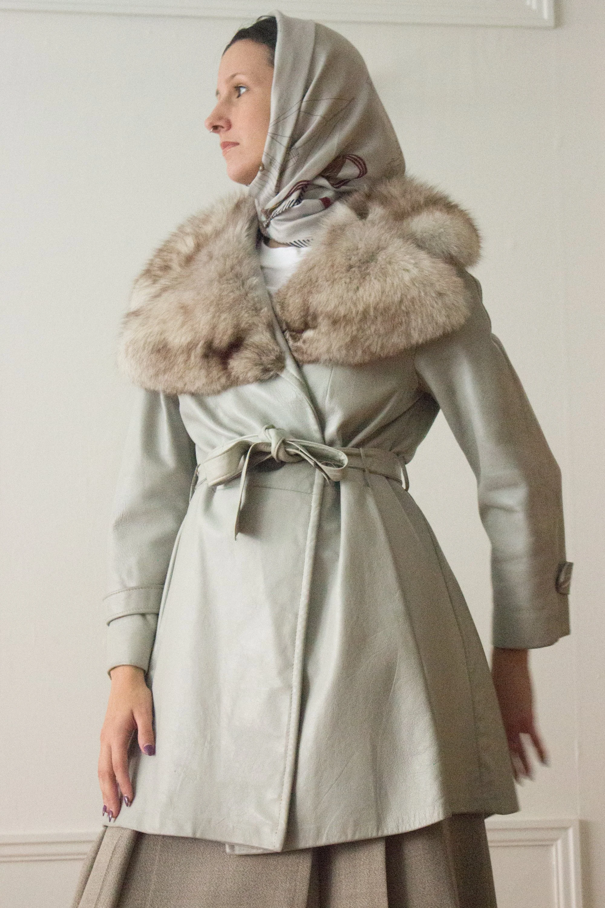 1970s Dove Gray Leather Trench with Fur Collar — Wayward Collection