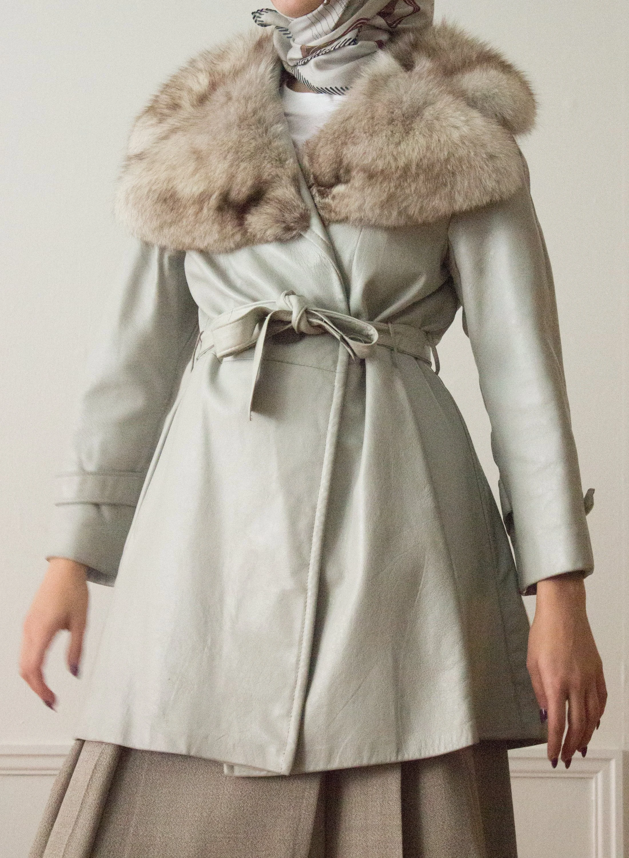 1970s Dove Gray Leather Trench with Fur Collar — Wayward Collection