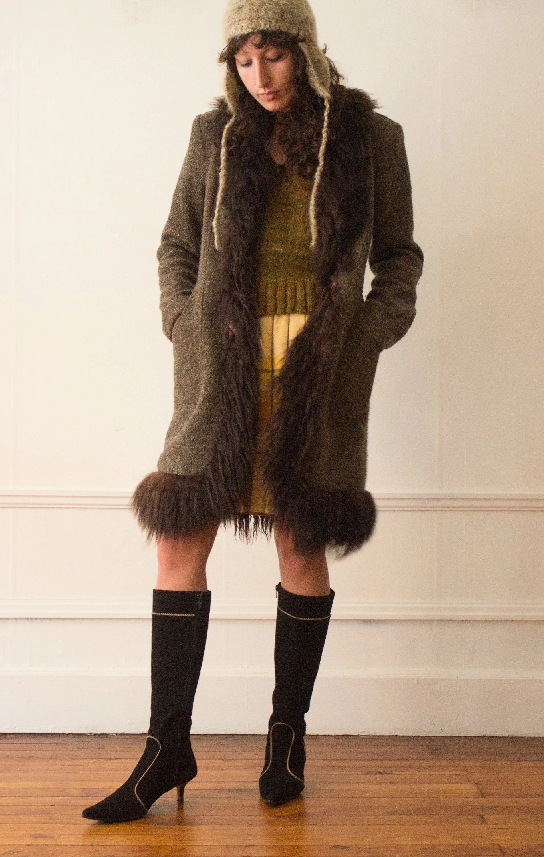1990s Oliver by Valentino Wool Tweed Mongolian Lamb Fur-Trimmed Coat ...