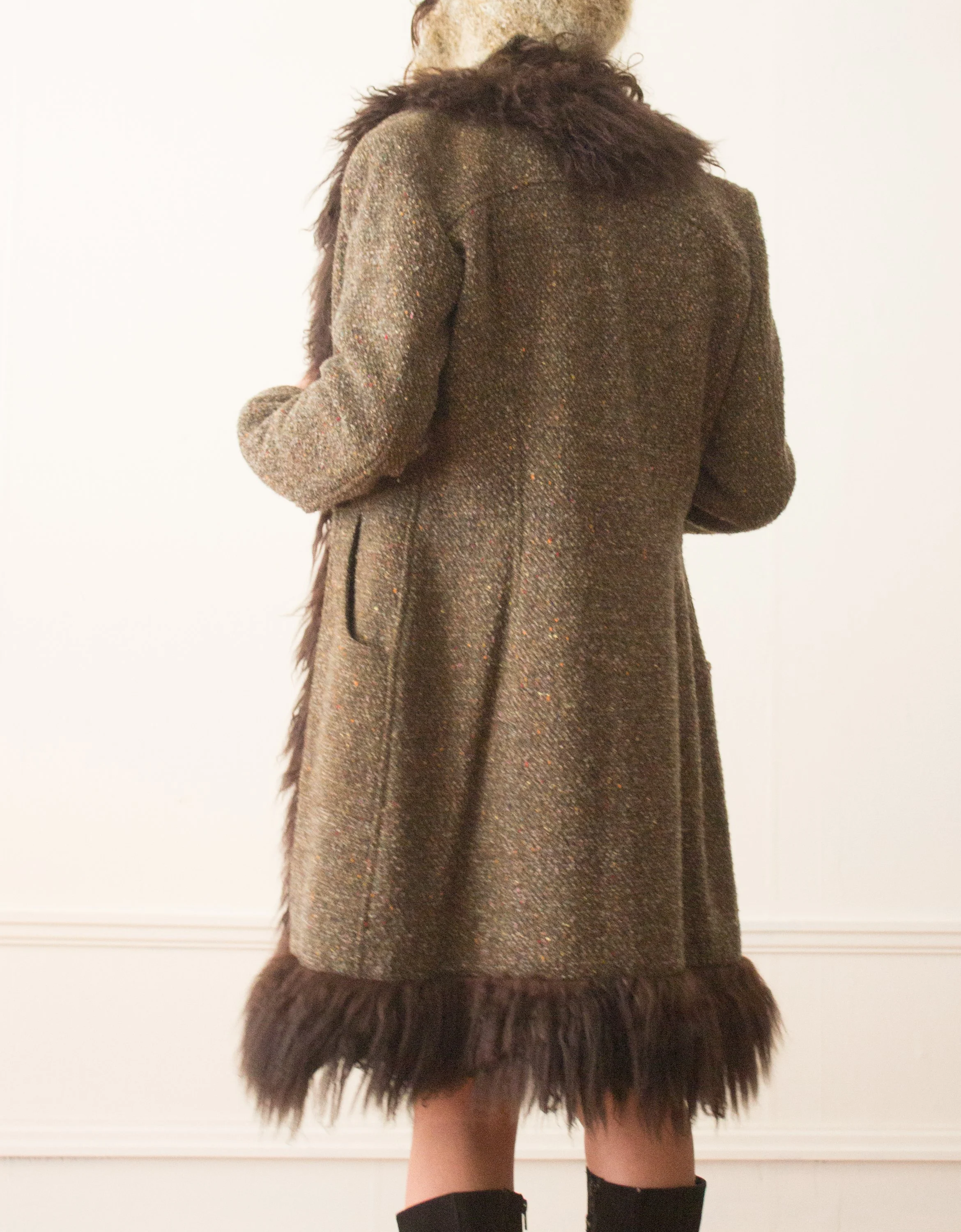 1990s Oliver by Valentino Wool Tweed Mongolian Lamb Fur-Trimmed Coat ...