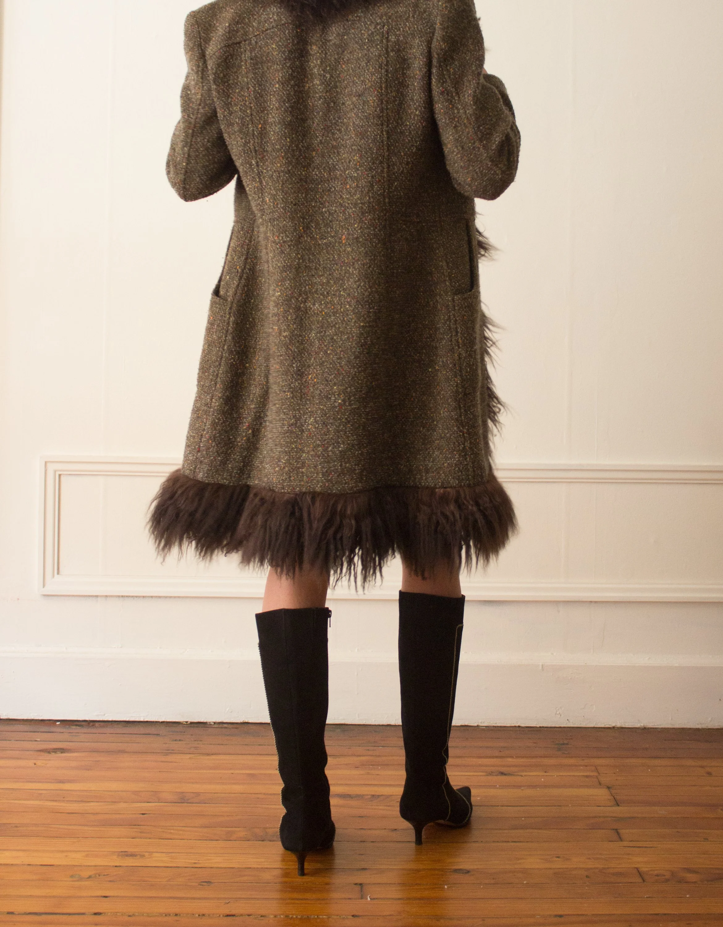1990s Oliver by Valentino Wool Tweed Mongolian Lamb Fur-Trimmed Coat ...