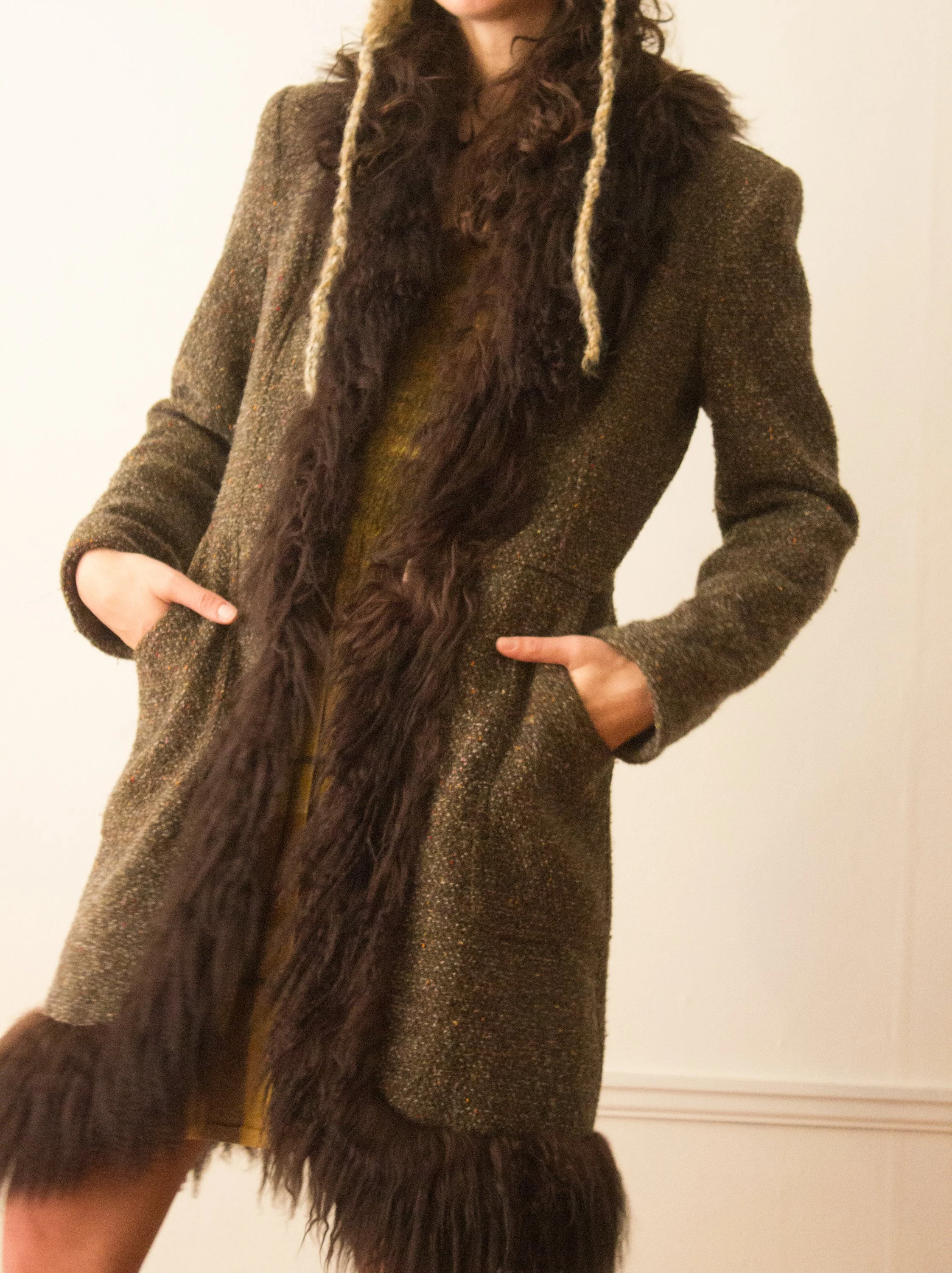1990s Oliver by Valentino Wool Tweed Mongolian Lamb Fur-Trimmed Coat ...