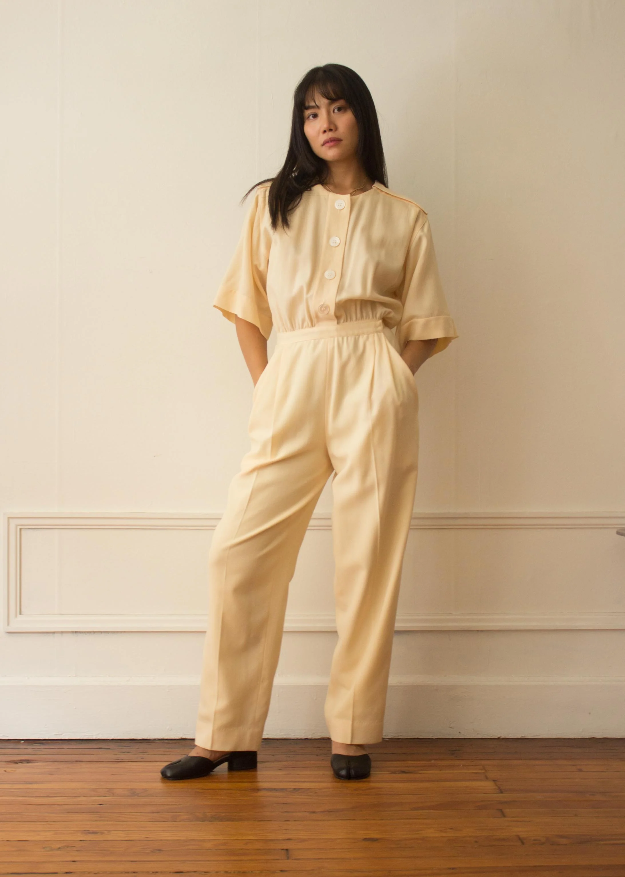 1980s Mary Ann Restivo Creme Crepe Jumpsuit — Wayward Collection