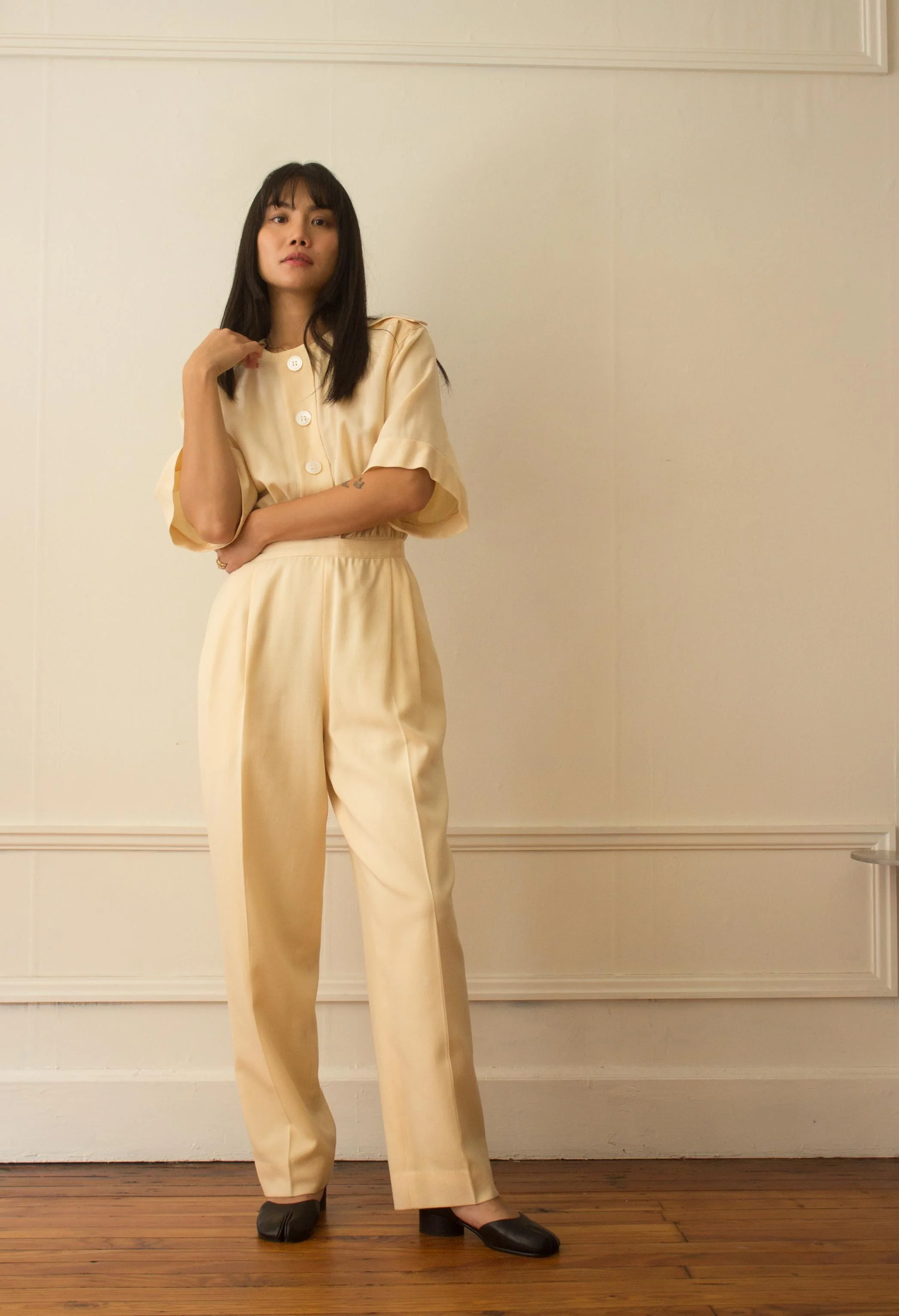 1980s Mary Ann Restivo Creme Crepe Jumpsuit — Wayward Collection