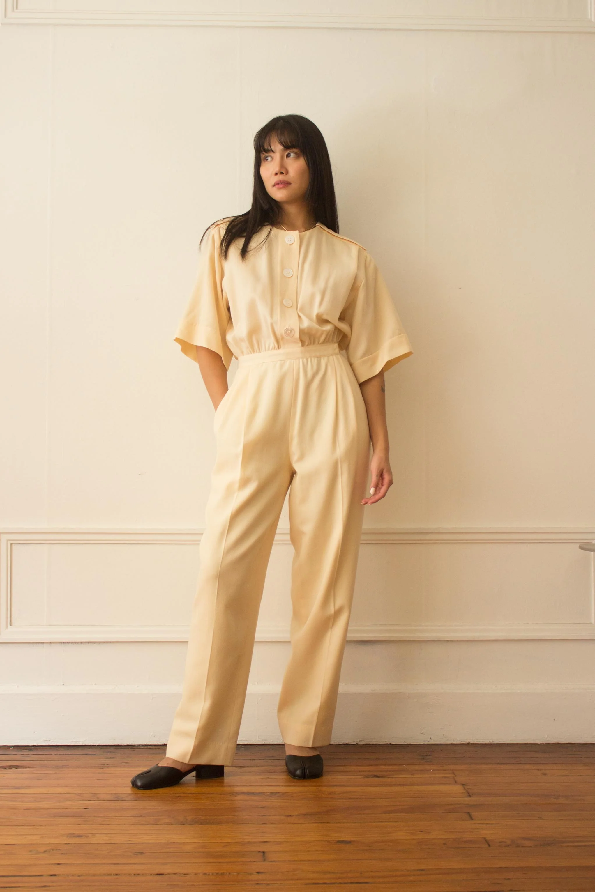 1980s Mary Ann Restivo Creme Crepe Jumpsuit — Wayward Collection