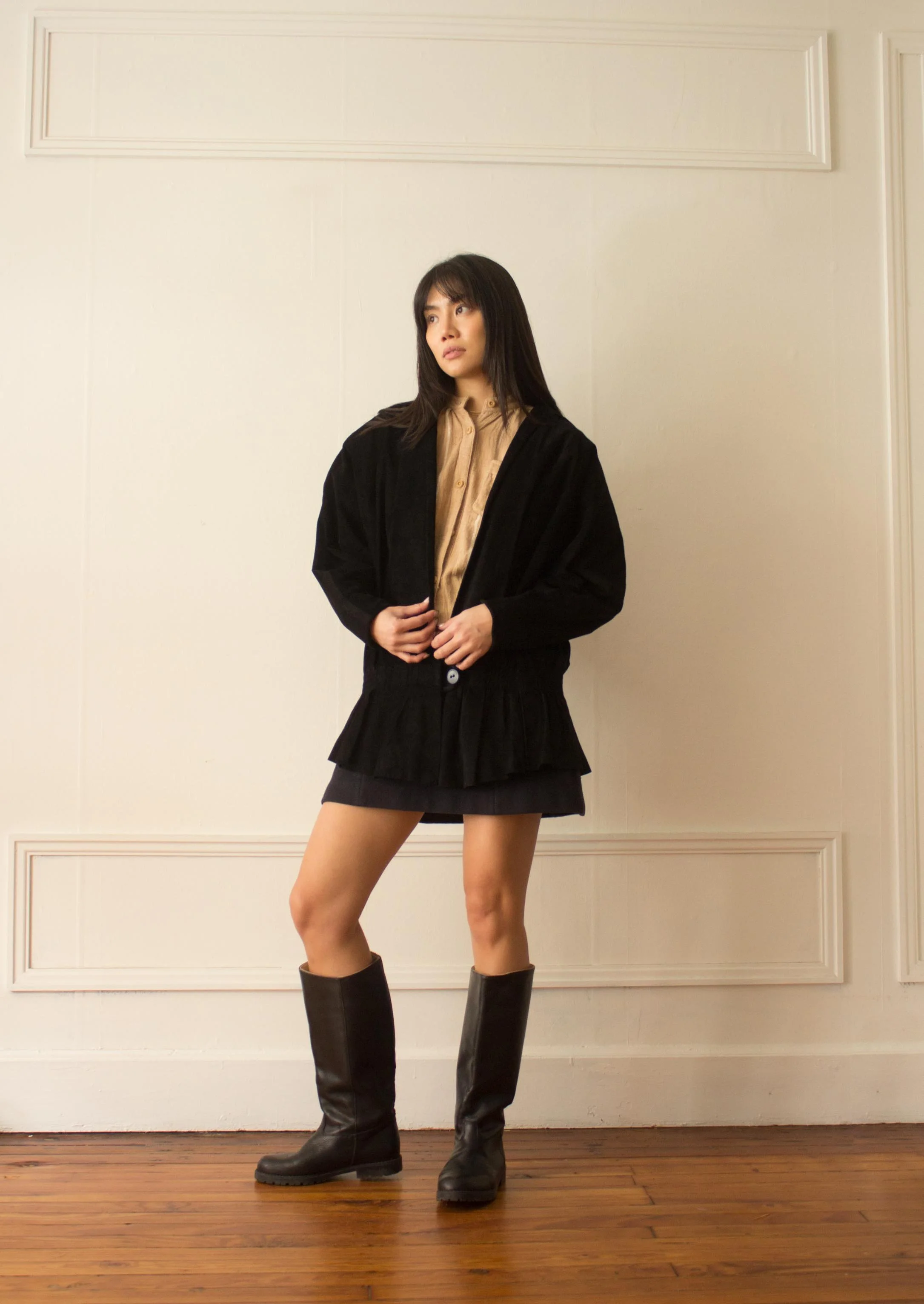 1980s Inky Black Suede Drop Waist Jacket — Wayward Collection