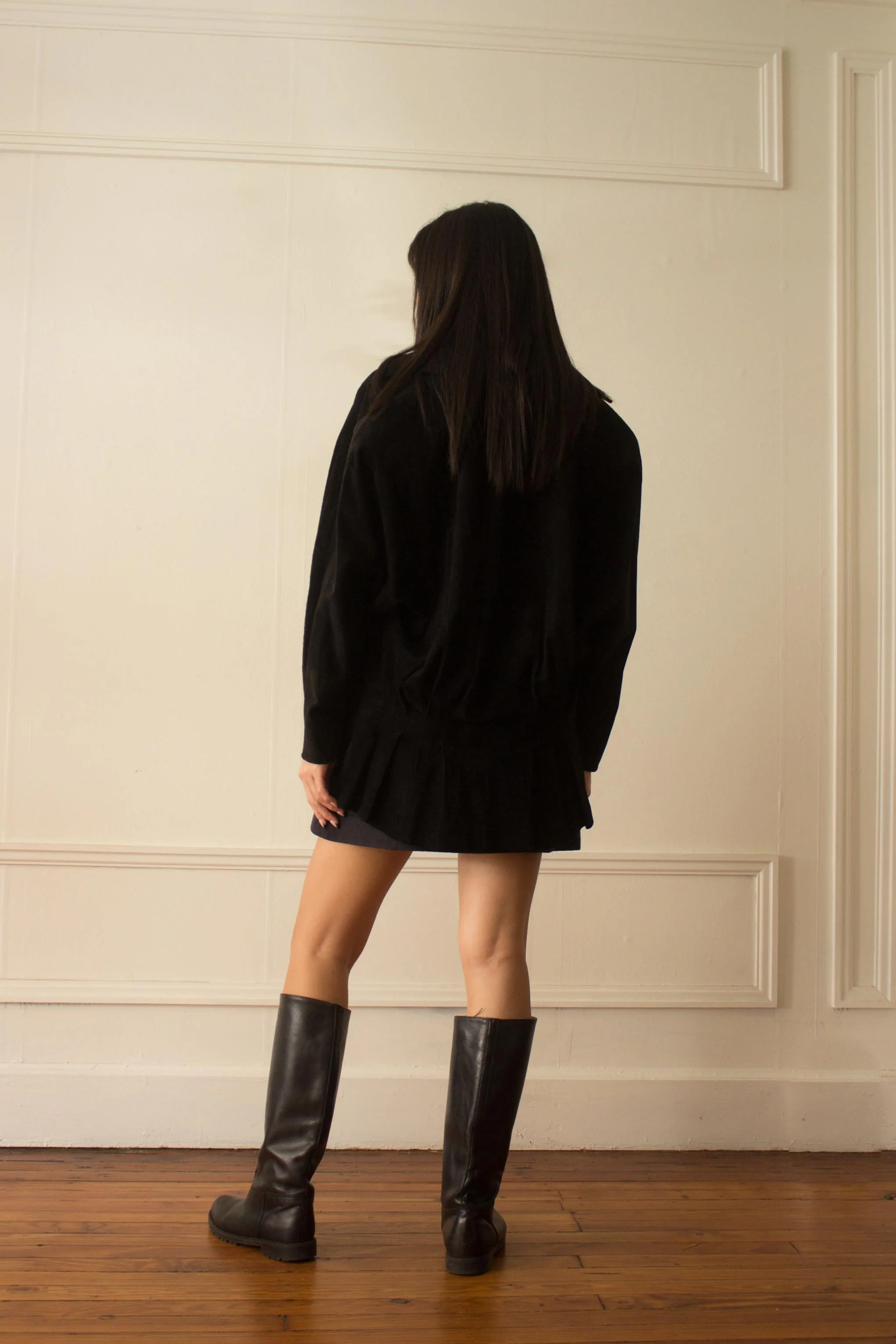1980s Inky Black Suede Drop Waist Jacket — Wayward Collection