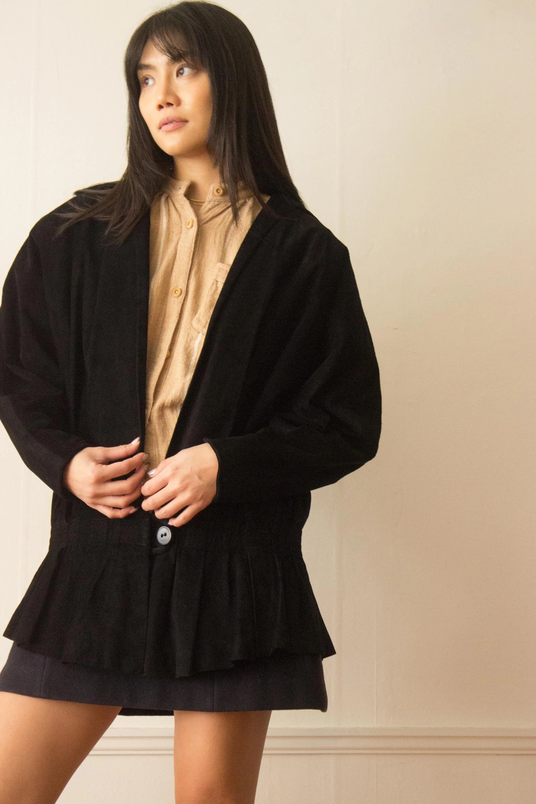 1980s Inky Black Suede Drop Waist Jacket — Wayward Collection