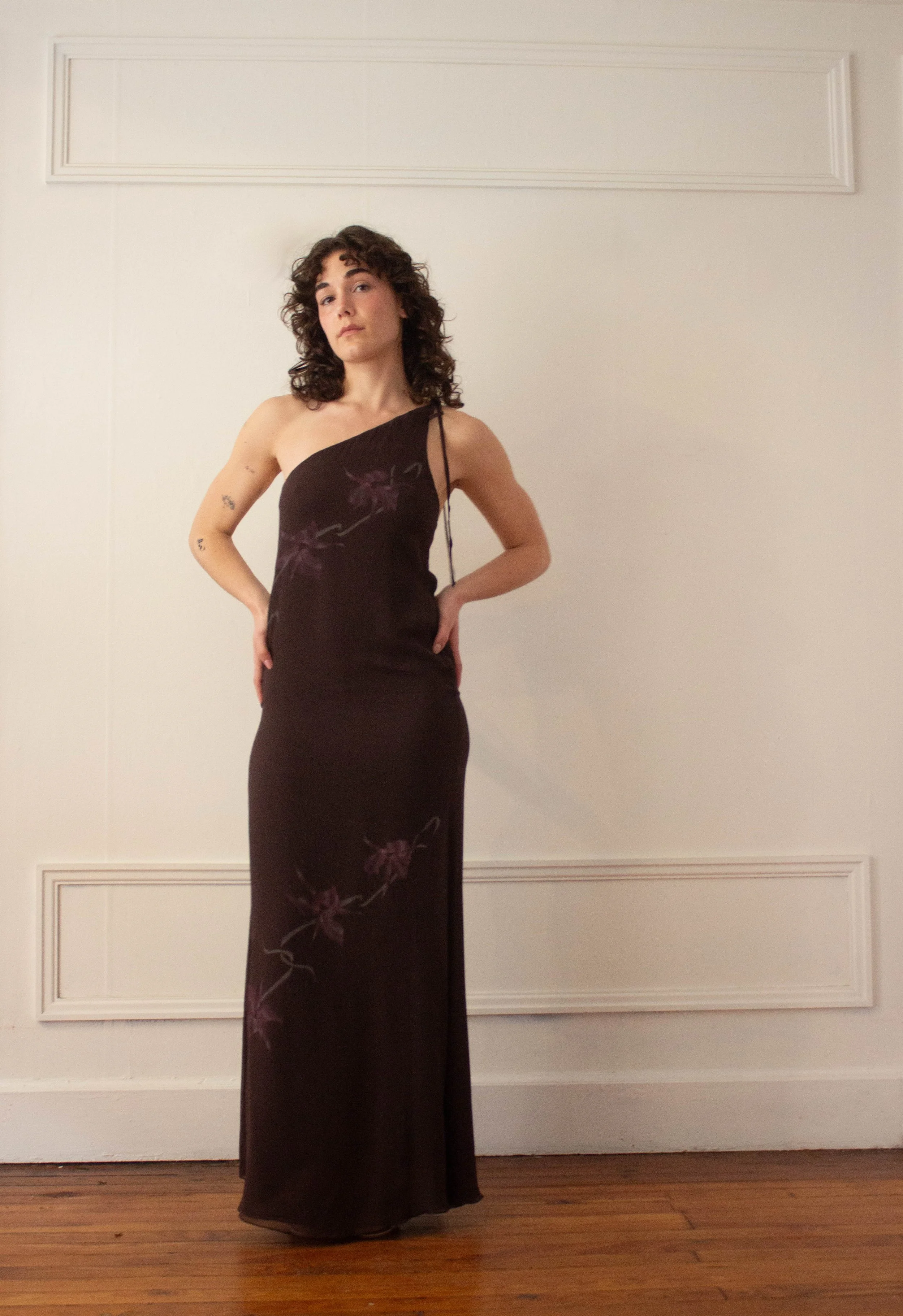 1970s Nan Duskin Hand-Painted Silk Chiffon One Shoulder Gown — Wayward Collection