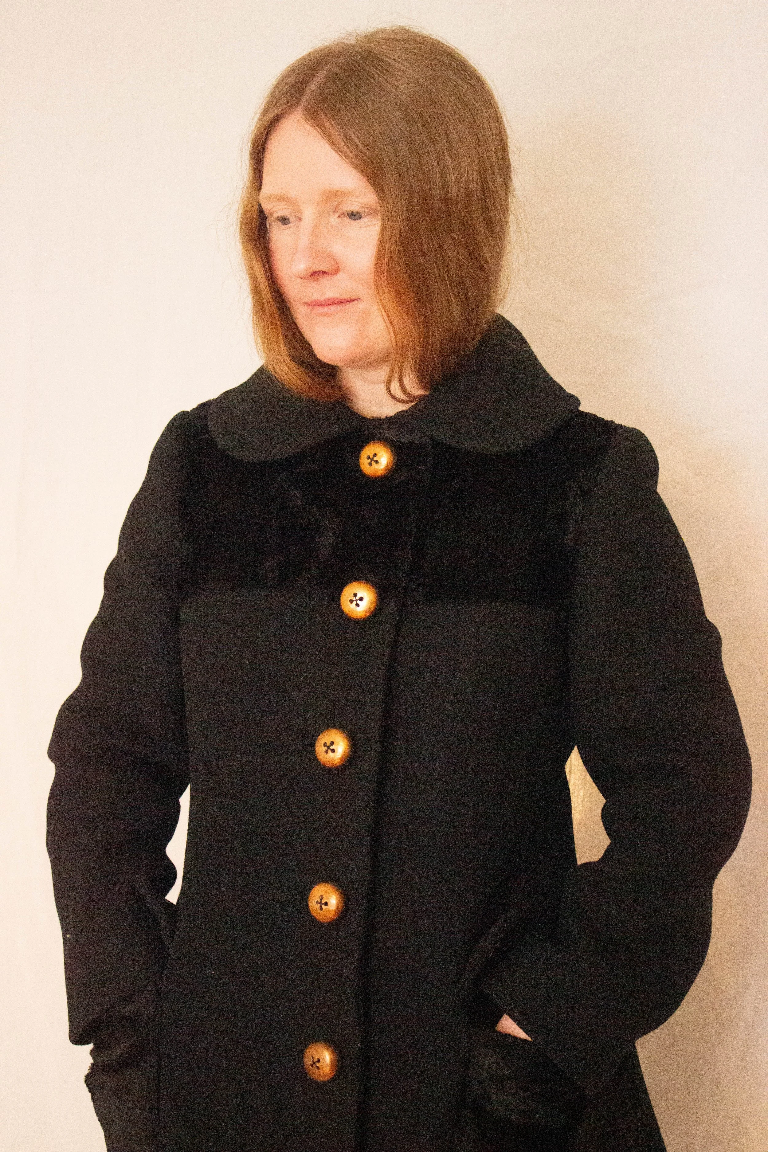 1960s Bullock's Wool and Sheared Fur Coat with Giant Copper Buttons ...