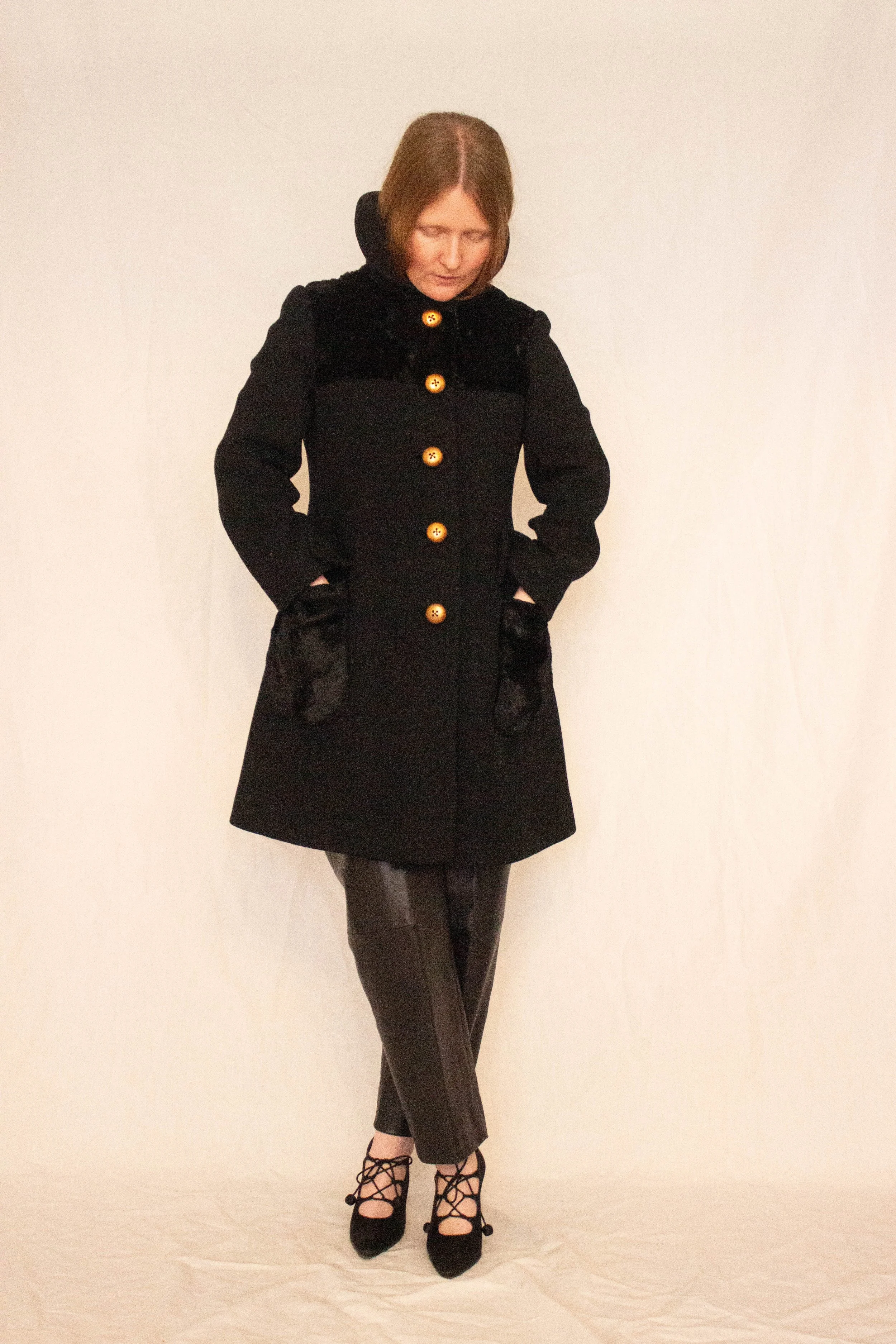 1960s Bullock's Wool and Sheared Fur Coat with Giant Copper Buttons ...