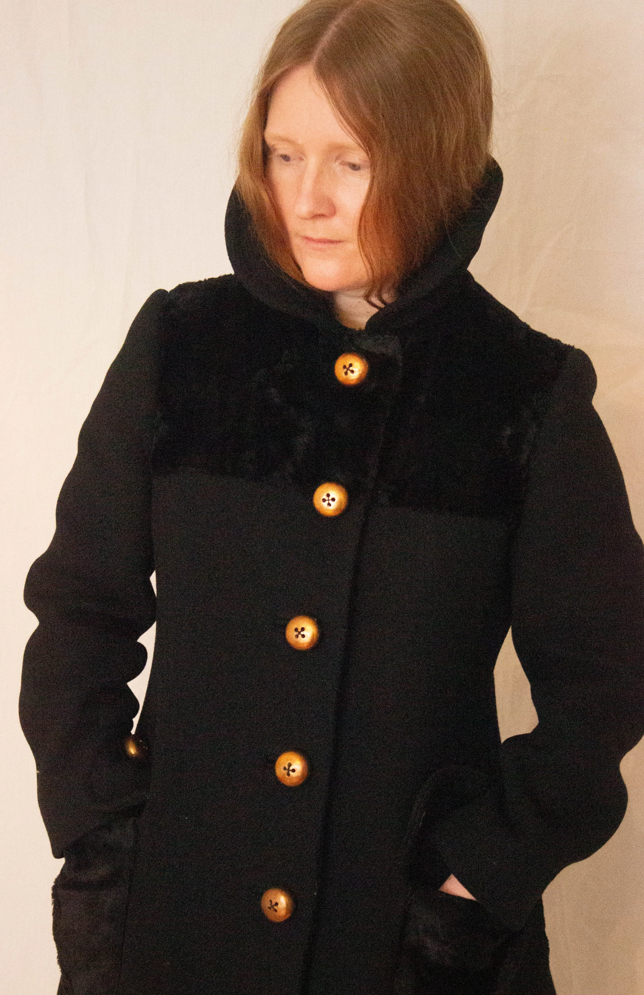 1960s Bullock's Wool and Sheared Fur Coat with Giant Copper Buttons ...