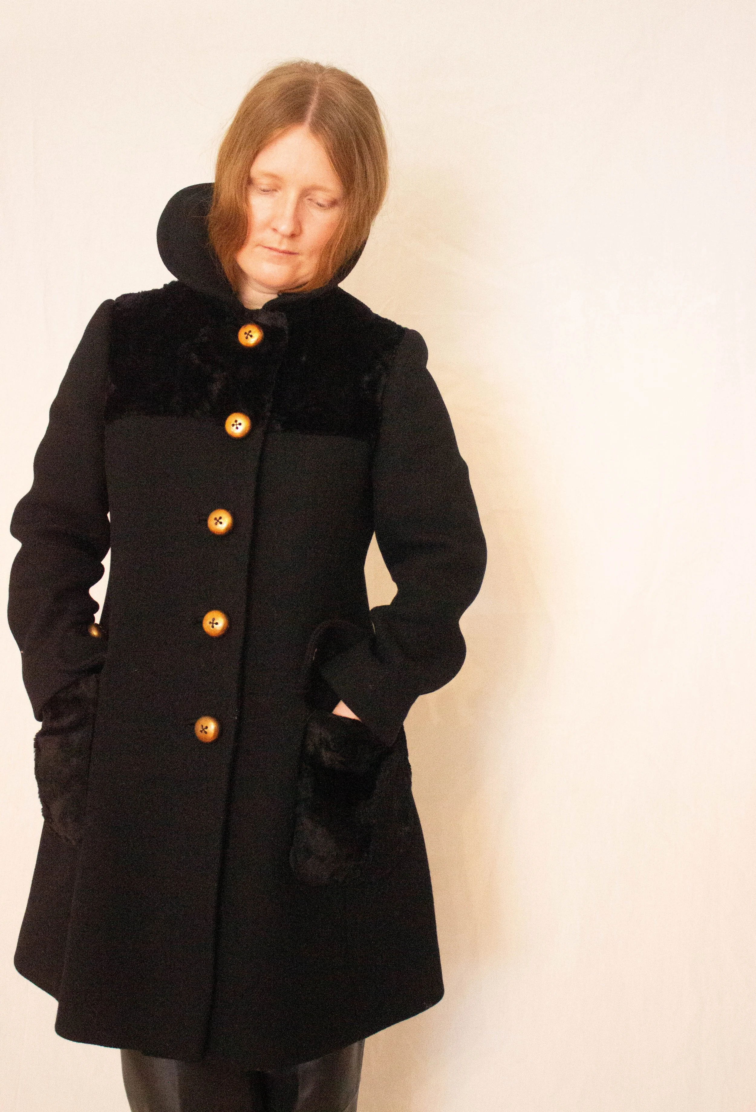 1960s Bullock's Wool and Sheared Fur Coat with Giant Copper Buttons ...