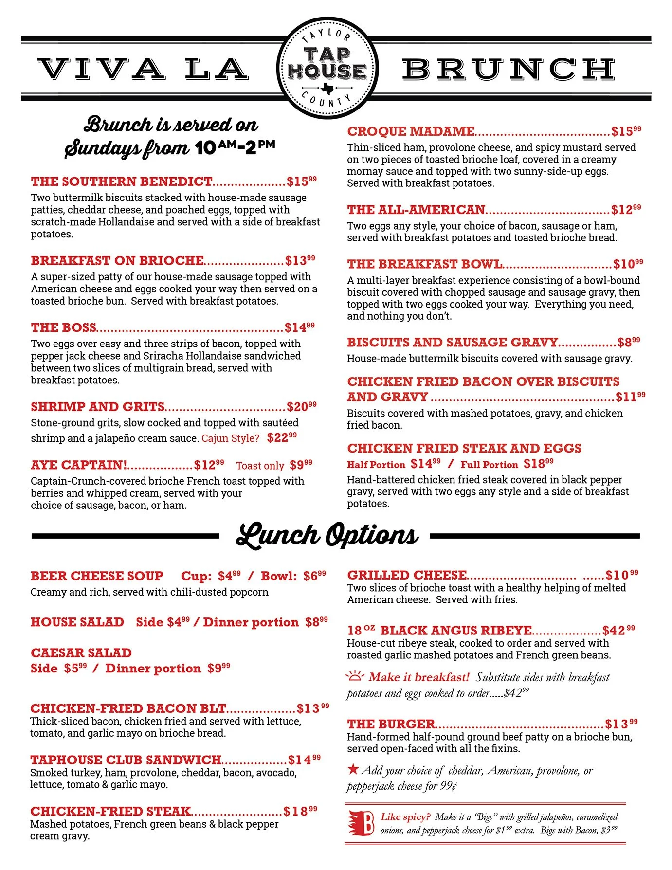 Menu — Taylor County Taphouse