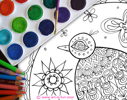 Folk Art Birds Coloring Pages - Printable Coloring Book of Detailed ...