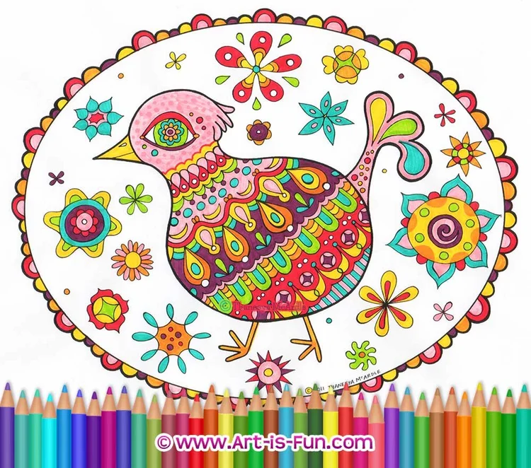 Folk Art Birds Coloring Pages - Printable Coloring Book of Detailed ...